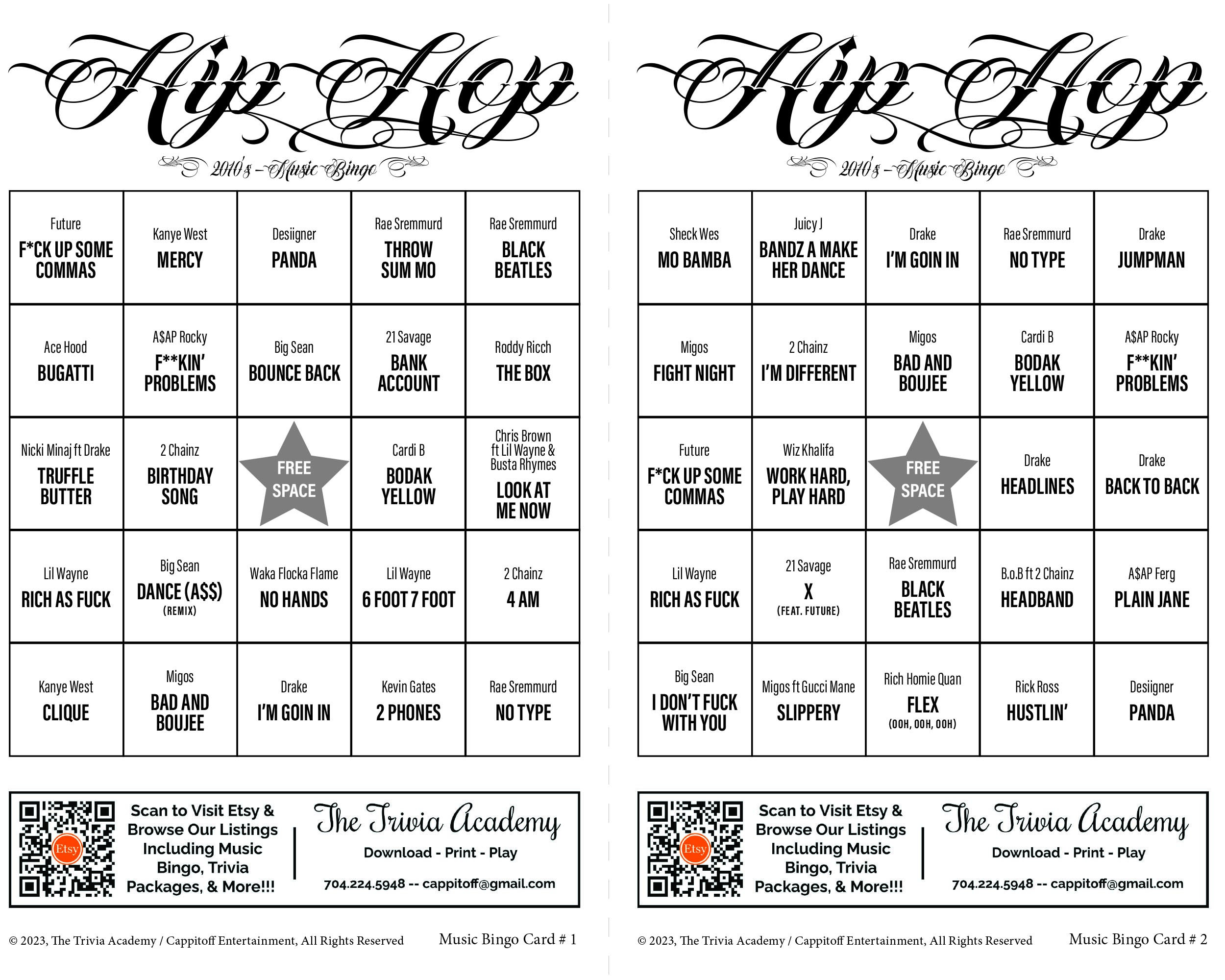 2010's Hip Hop Music Bingo, 200 Unique Cards Total W/ Playlists ...