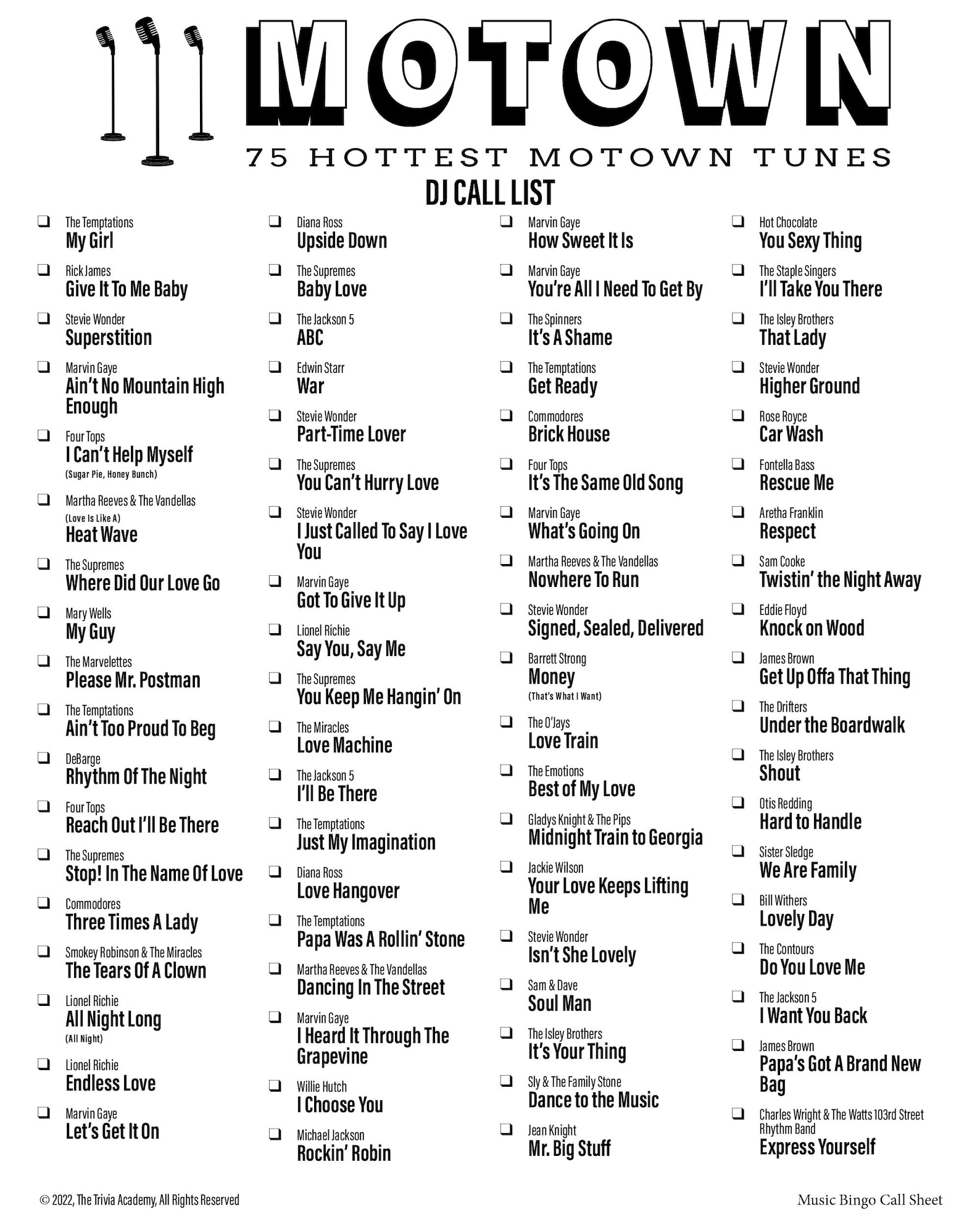 Motown Music Bingo, 200 Unique Cards Total W/ Playlists Included, Top ...