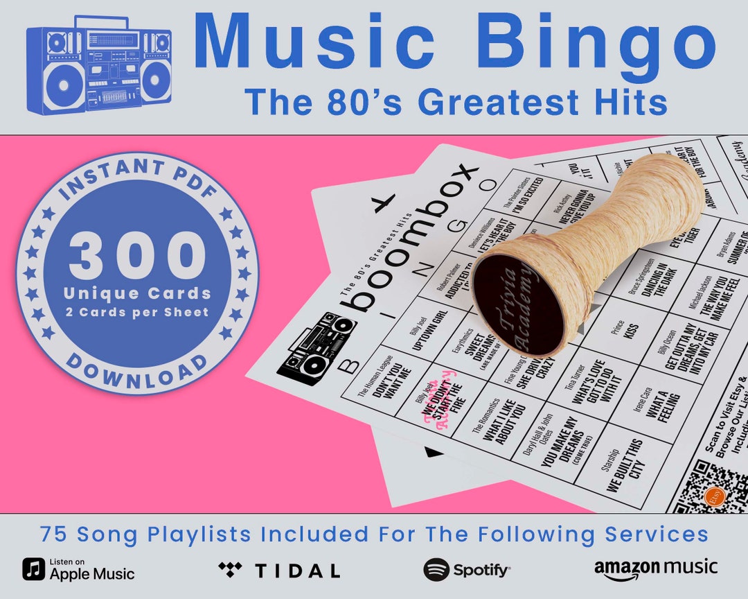 80's Music Bingo, 300 Unique Cards Total W/ Playlists Included, Top ...