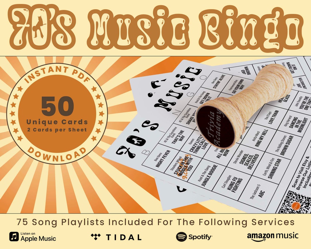 70's Music Bingo, 50 Unique Cards Total W/ Playlists Included, Top Hits ...