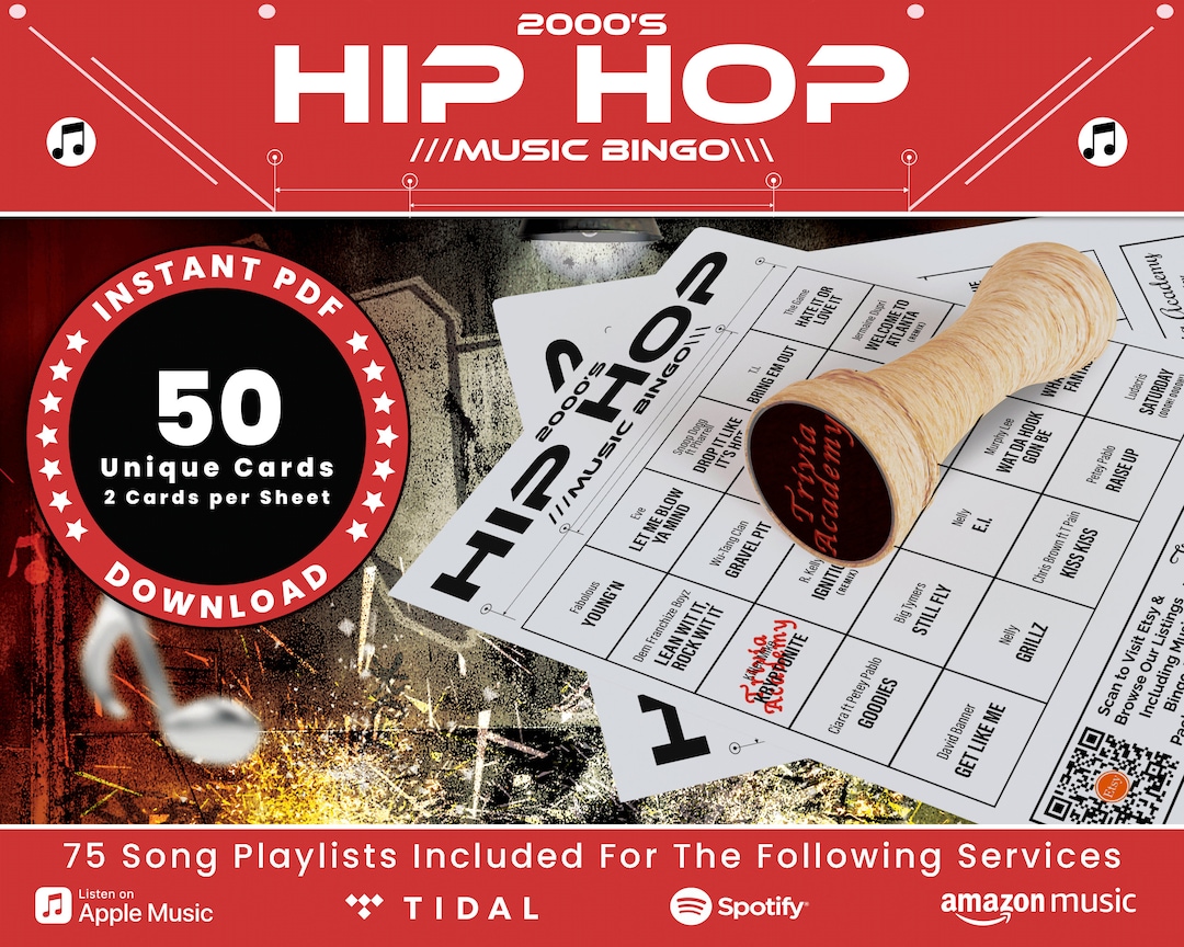 2000's Hip Hop Music Bingo, 50 Unique Cards Total W/ Playlists Included ...