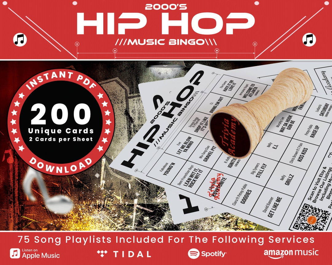 2000s Hip Hop Music Bingo, 200 Unique Printable Cards With Playlist ...