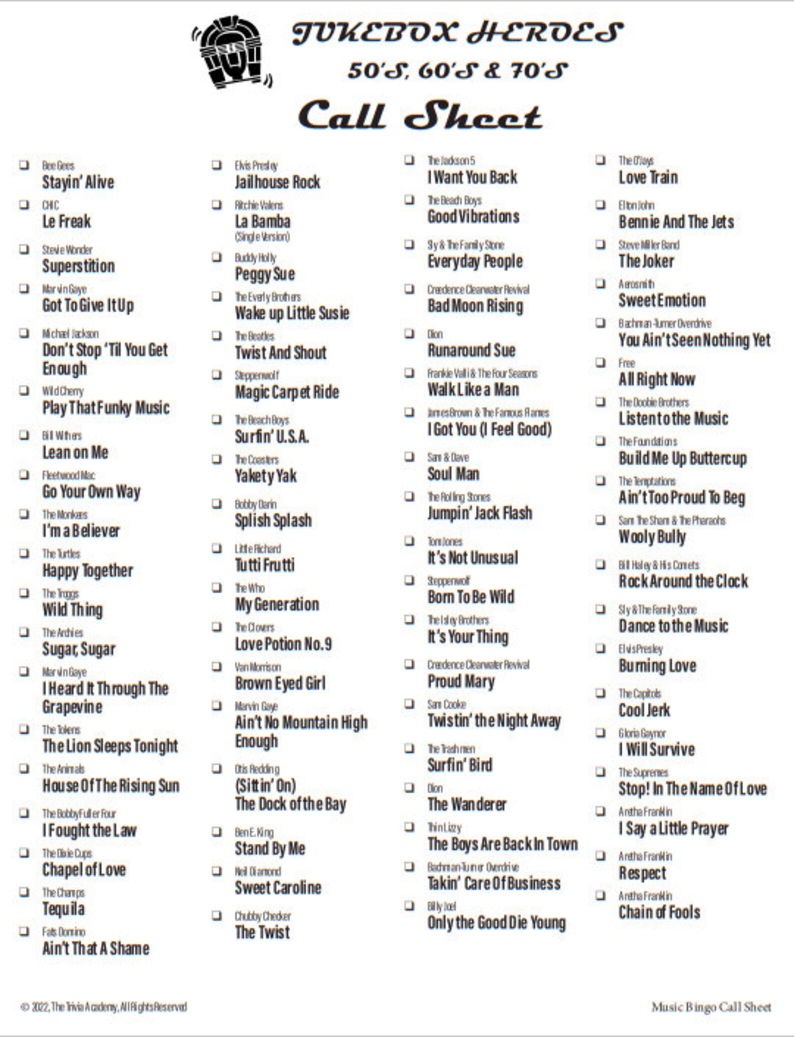 50's, 60's, & 70's Music Bingo, 50 Unique Cards Total W/ Playlists ...