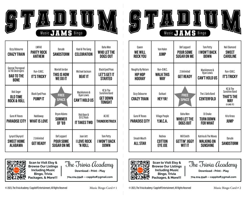 Stadium Anthem Music Bingo, 200 Unique Cards Total W/ Playlists ...