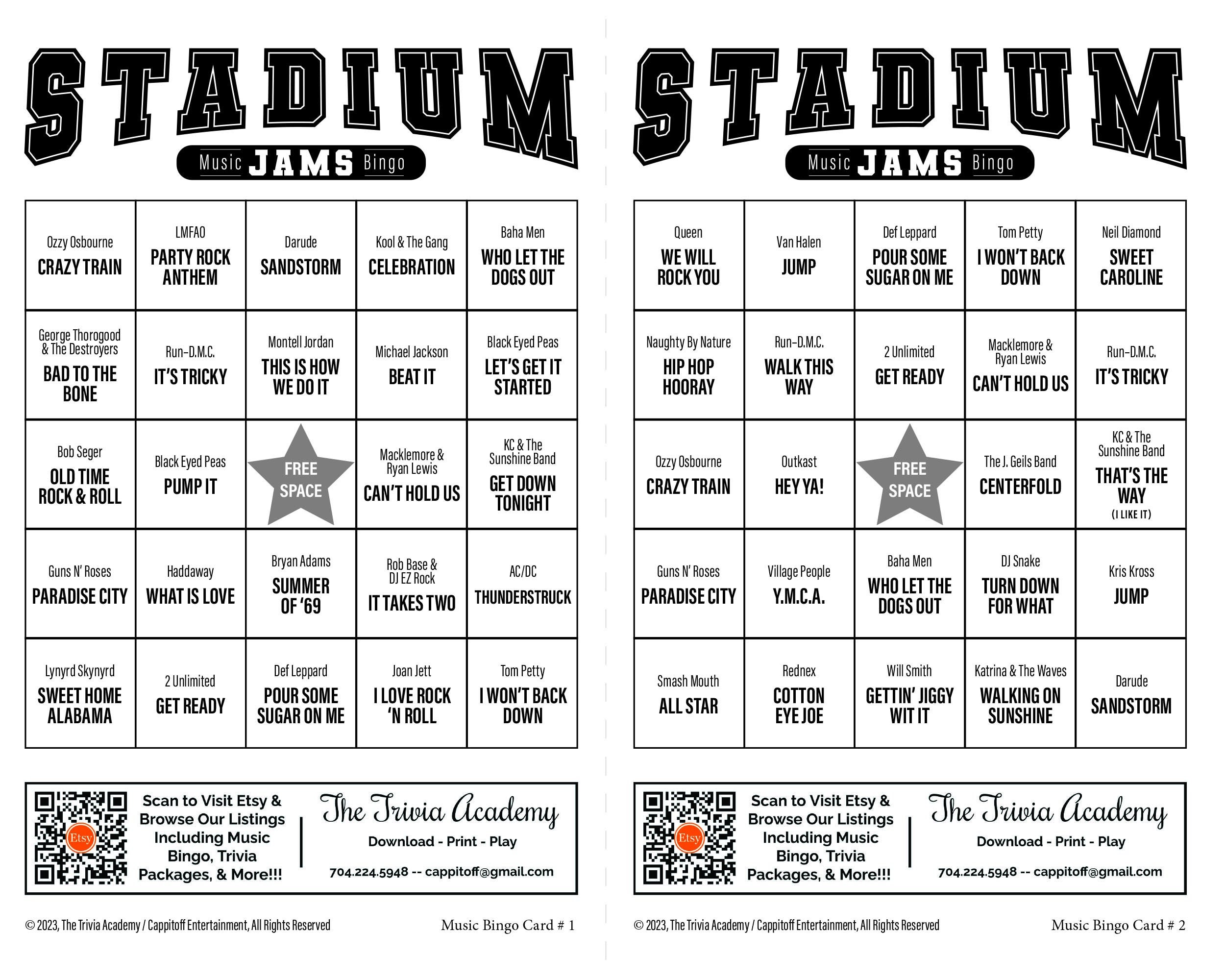 Stadium Anthem Music Bingo, 50 Unique Cards Total W/ Playlists Included ...