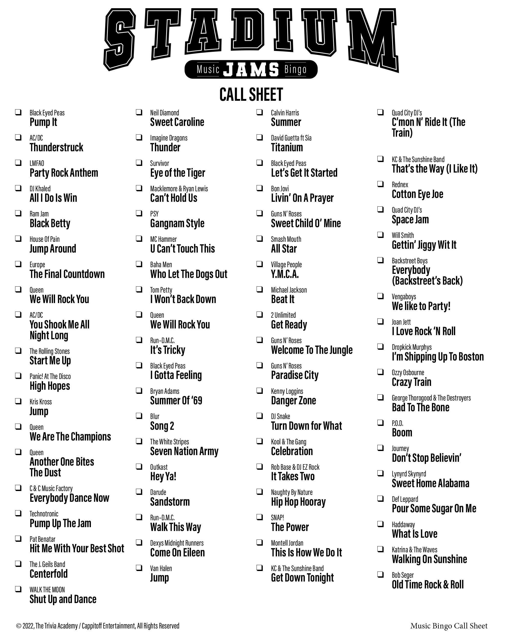Stadium Anthem Music Bingo, 50 Unique Printable Cards With Playlist ...
