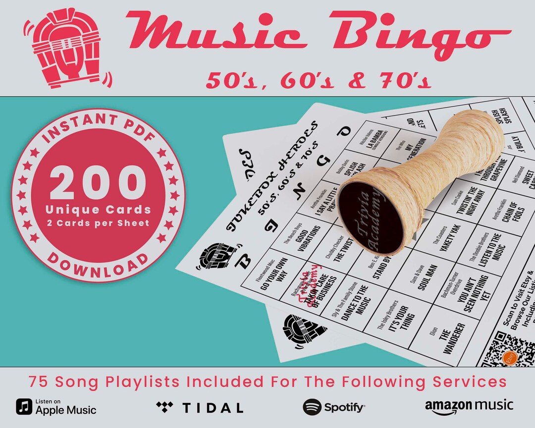 50's, 60's, & 70's Music Bingo, 200 Unique Cards Total W/ Playlists ...