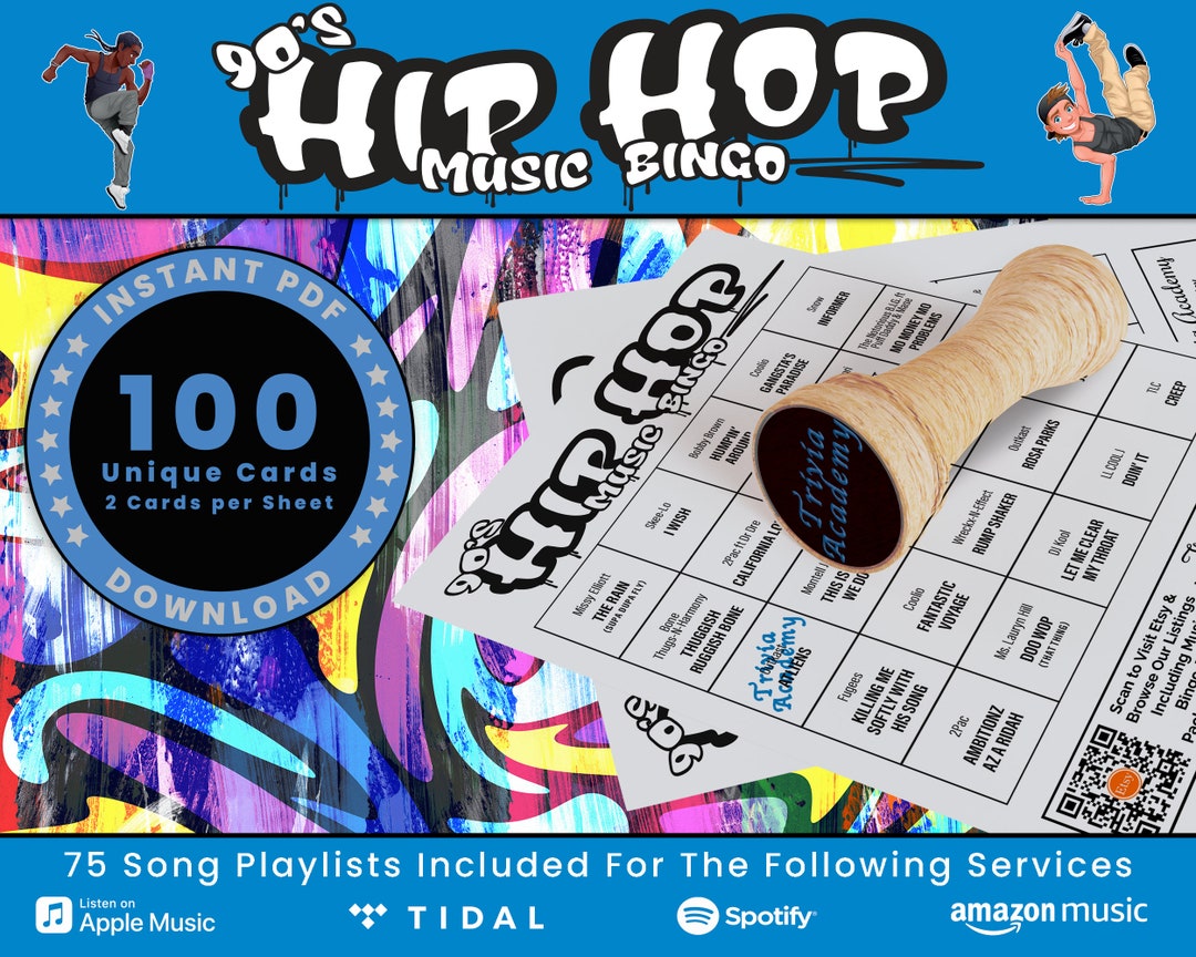 1990's Hip Hop Music Bingo, 100 Unique Cards Total W/ Playlists ...