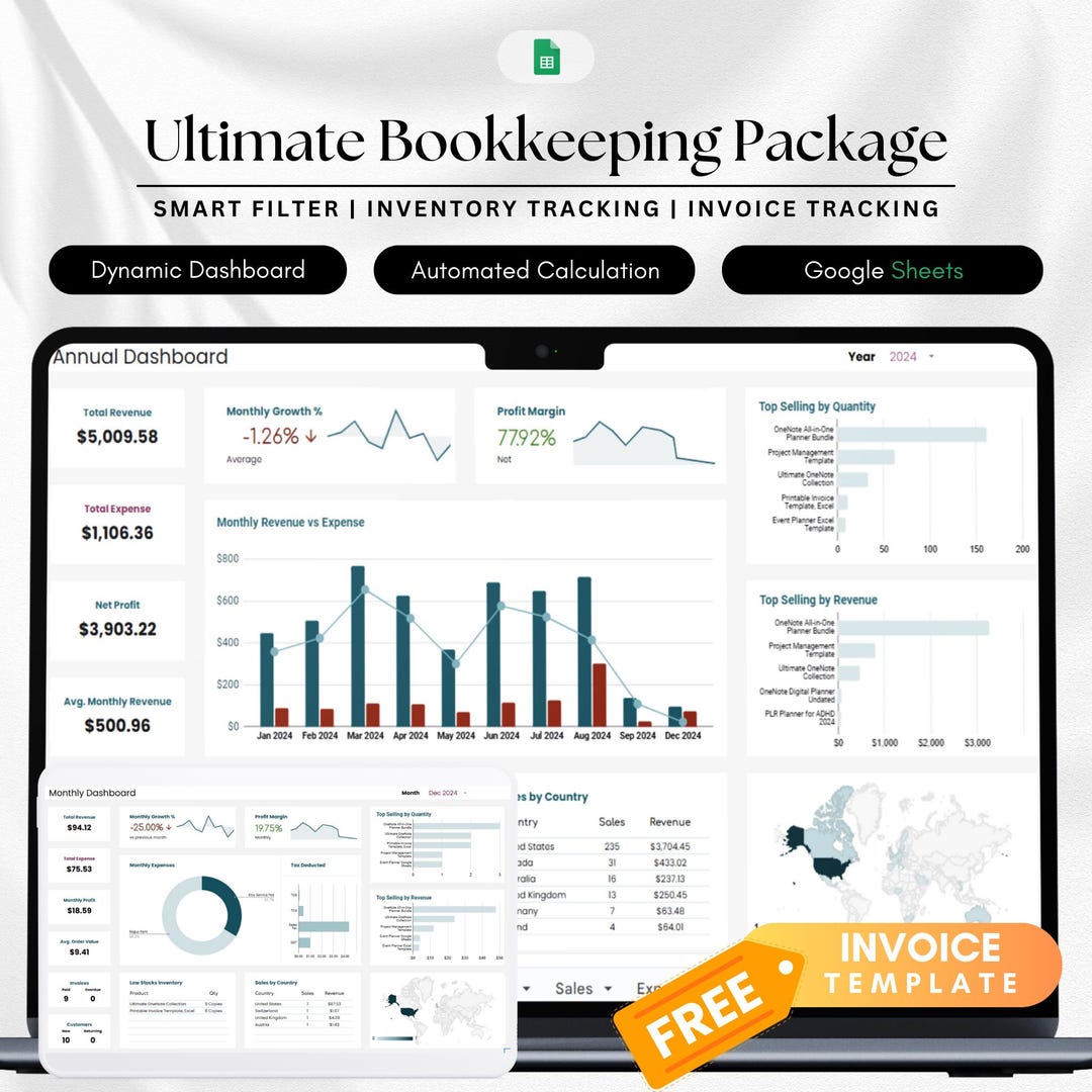 Ultimate Bookkeeping Package, Annual / Monthly Dashboard, Business ...