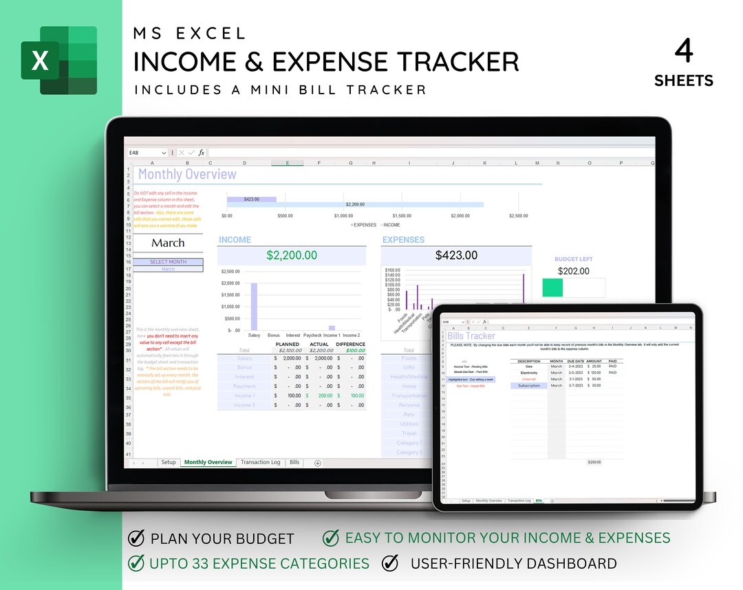 Income and Expense Tracker Excel, Budget Planner, Expense Spreadsheet ...