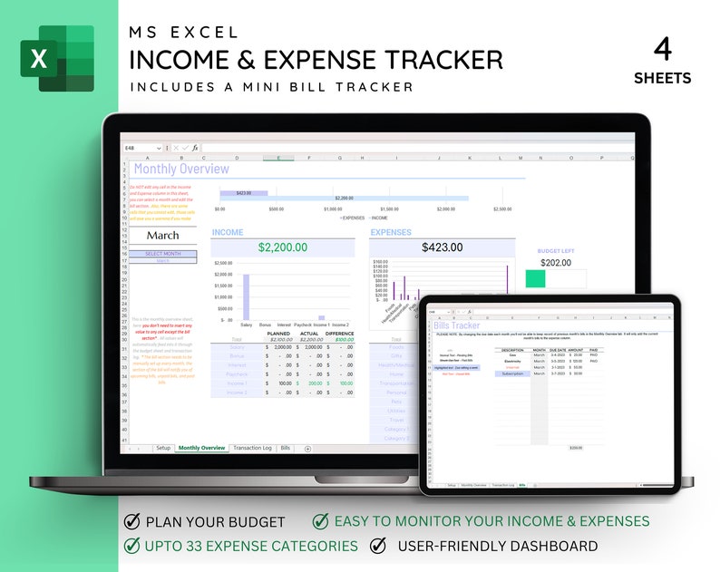 Income and Expense Tracker Excel, Budget Planner, Expense Spreadsheet ...
