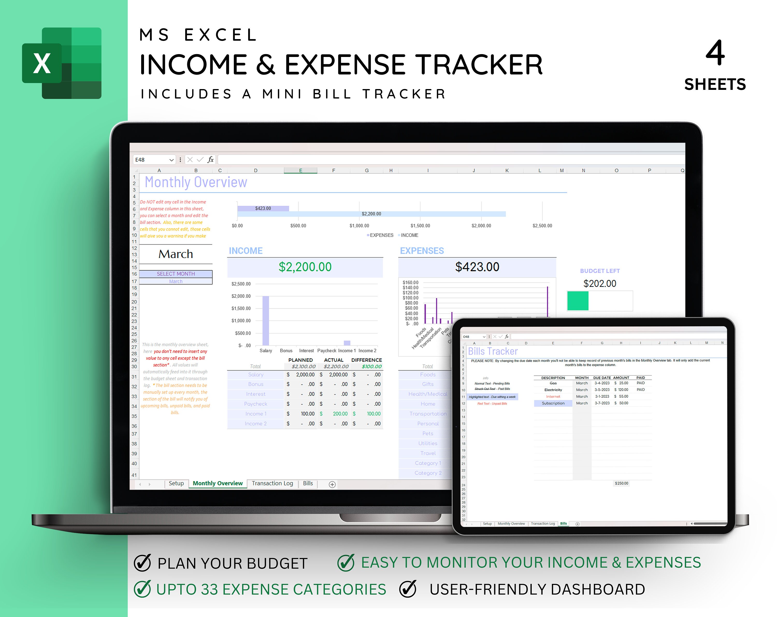 Income and Expense Tracker Excel, Budget Planner, Expense Spreadsheet ...