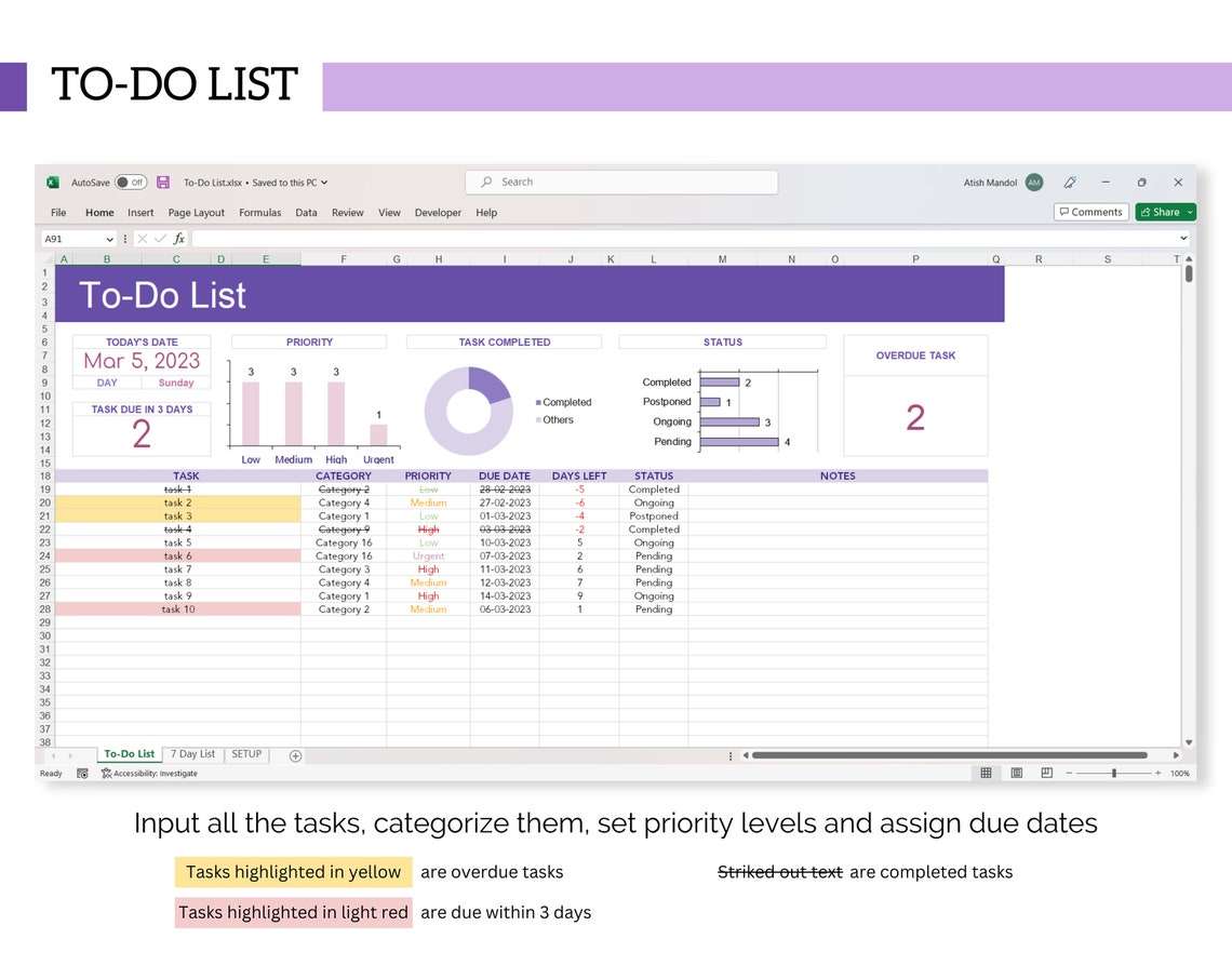 To Do List Excel Template, to Do List Digital, to Do Planner, Daily ...