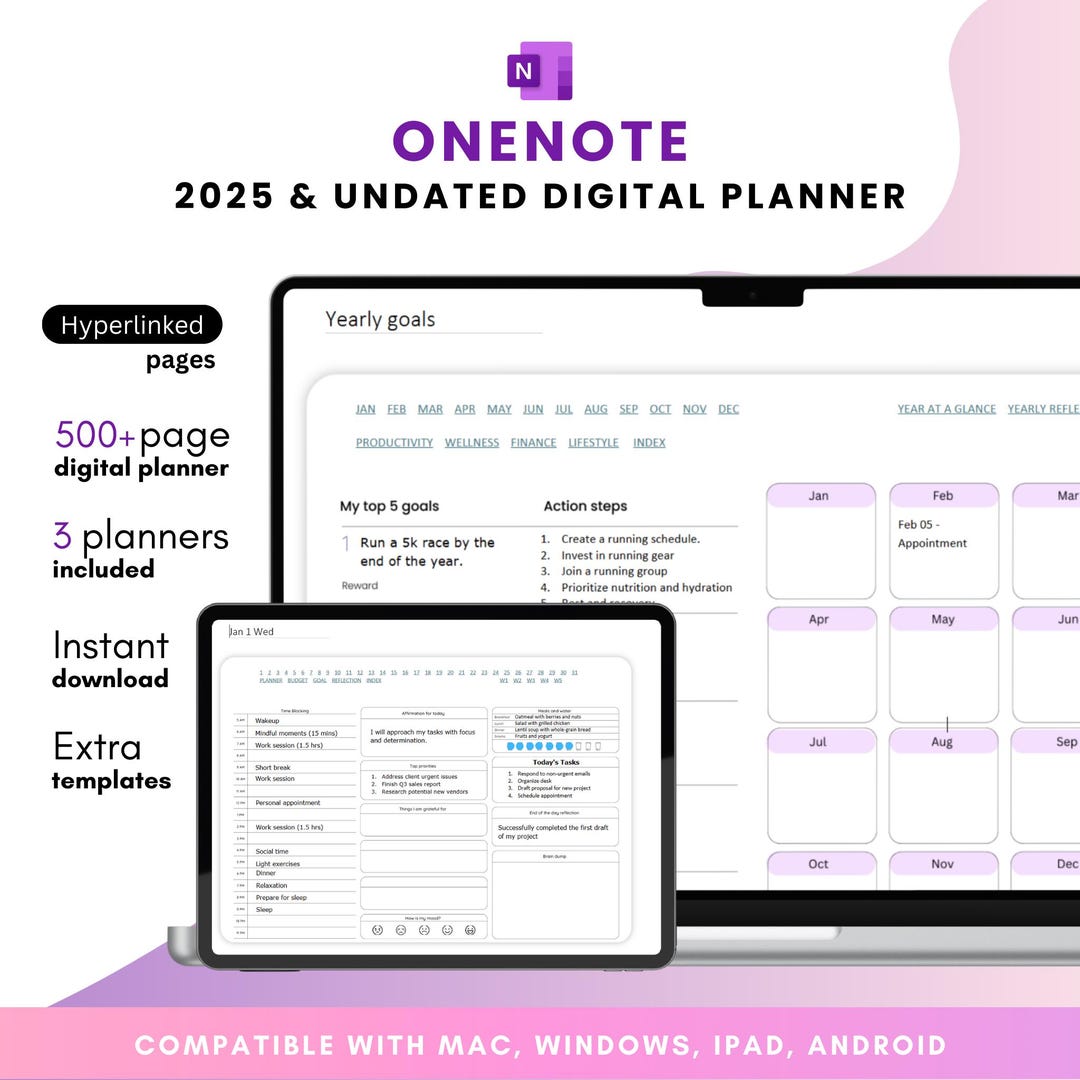 2025 & Undated Onenote Digital Planner, Hyperlinked Template, Onenote ...