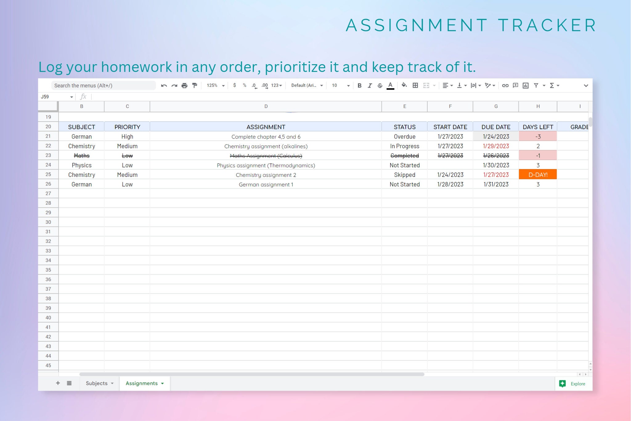 Assignment Tracker Google Sheets, Assignment Planner, Homework Planner ...