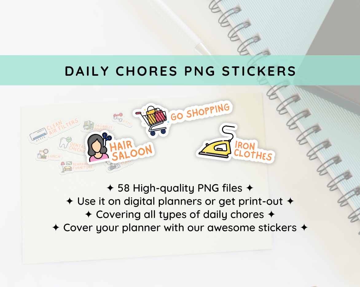 50 Daily Chores Digital Stickers, Digital Planner Stickers, Transparent ...
