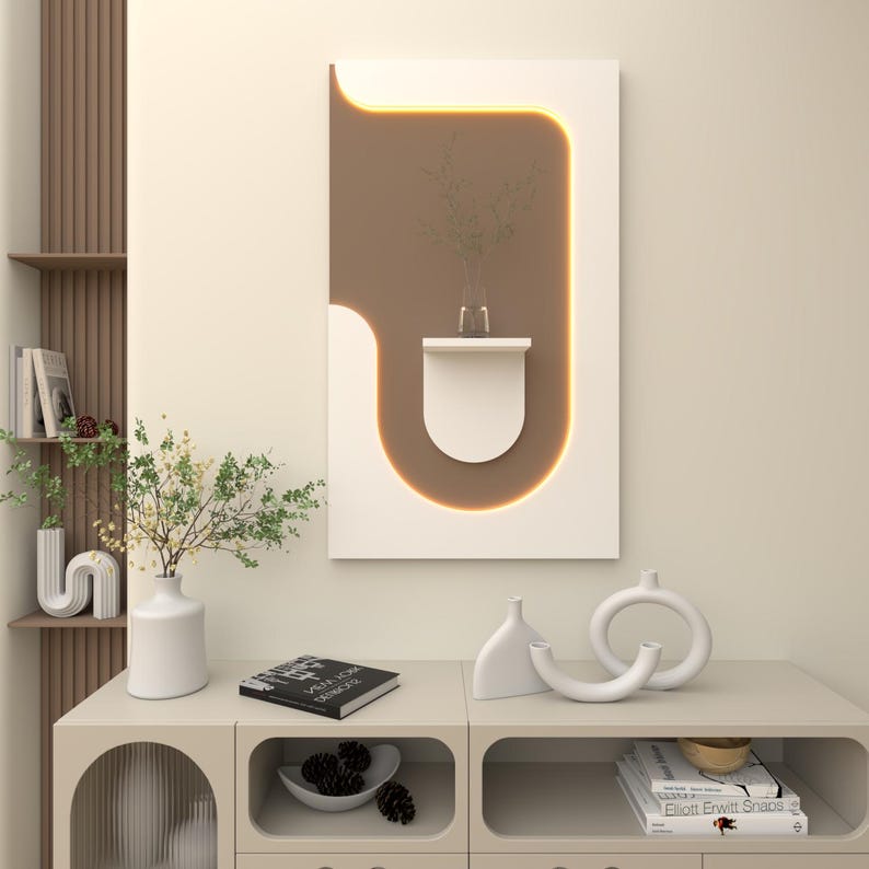 Modern Wooden Wall Panel With LED Light, Minimalist Floating Shelf ...