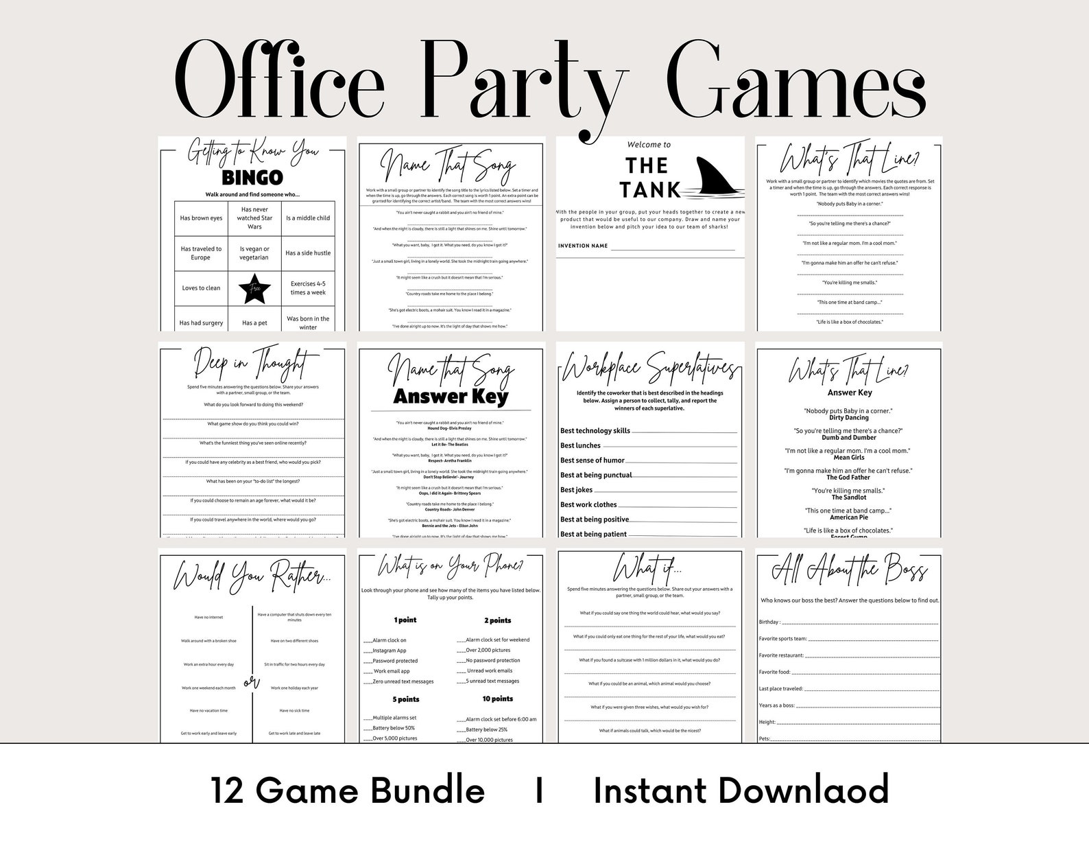 12 Unique Office Party Games Printable Bundle for Work Team Building ...
