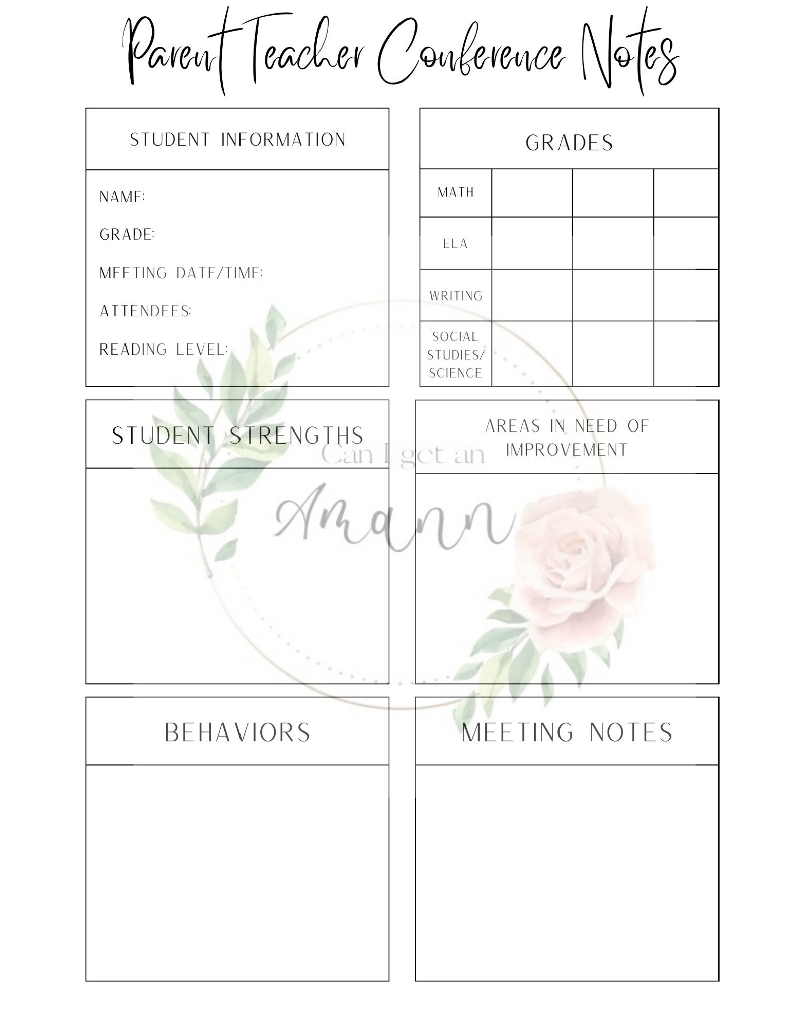 Parent Teacher Conference Printable Form Digital Print - Etsy