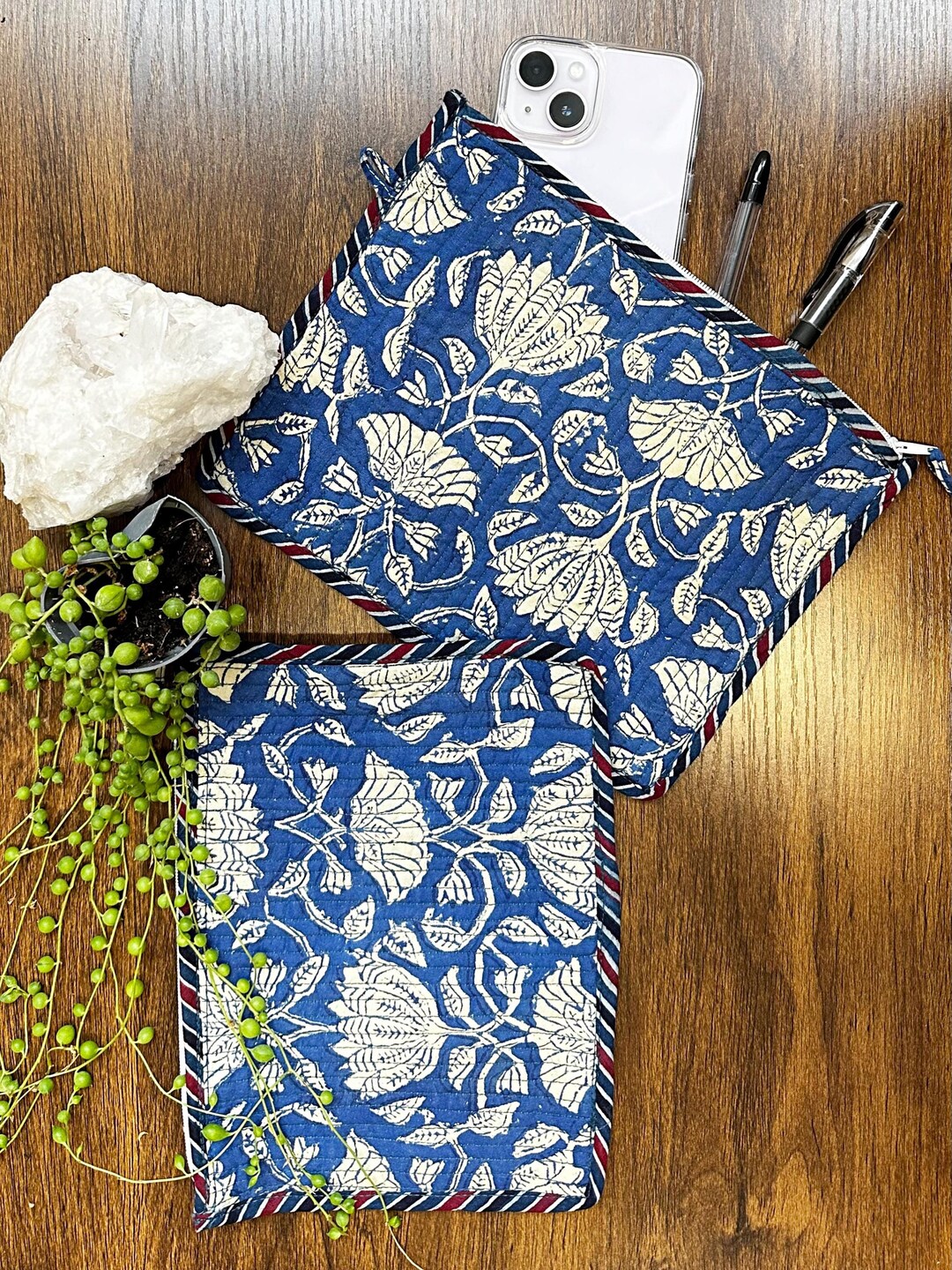 Quilted Cotton Handprint Envelope Zipper Pouch Bag Sustainable Sturdy ...