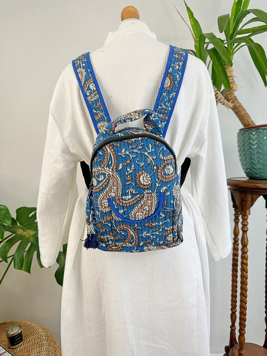 Quilted Cotton Handprint Mini Cute Blue Paisley Backpack Sustainable ...