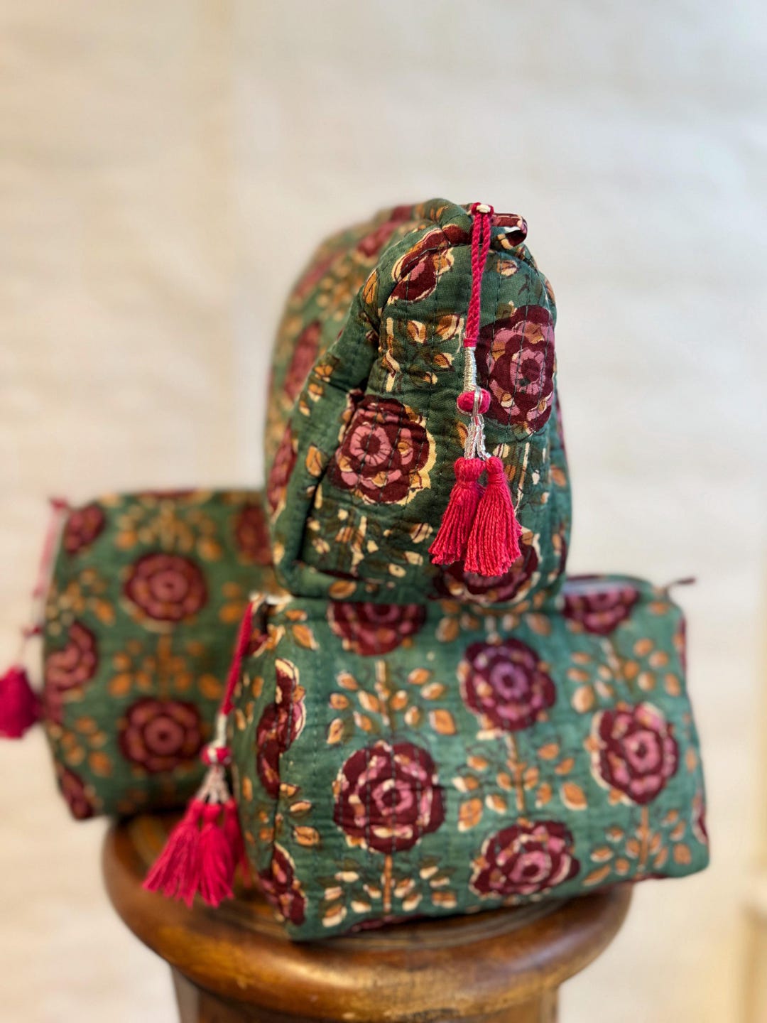 Quilted Cotton Emerald Maroon Floral Set Three Emerald Red Rose Pouch ...
