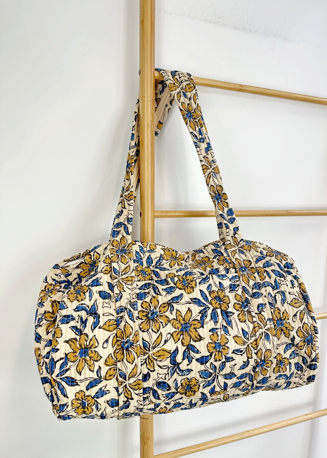 Quilted Duffle Tote Shoulder Bag Cotton Light Beige Mustard Blue Floral ...
