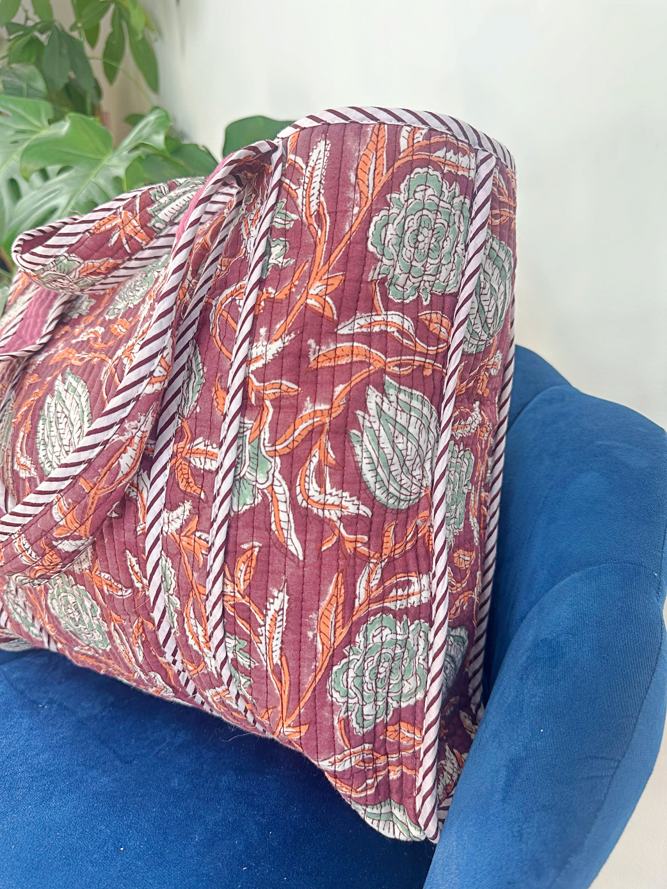 Quilted Cotton Handprint Maroon Hue Reversible Large Tote Bag Eco ...