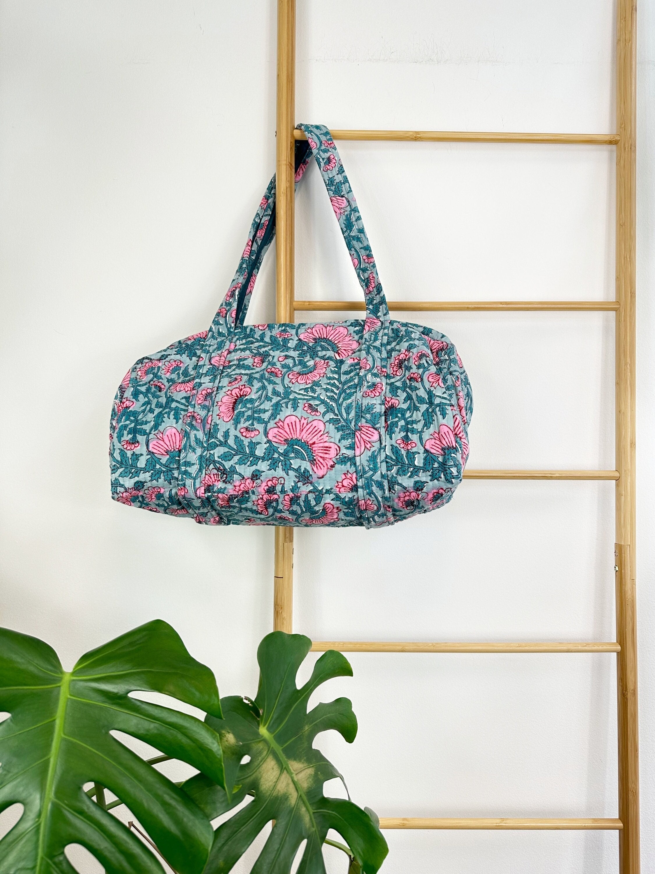 Quilted Duffle Tote Shoulder Pale Blue Pink Bag Cotton Handprint Lotus ...