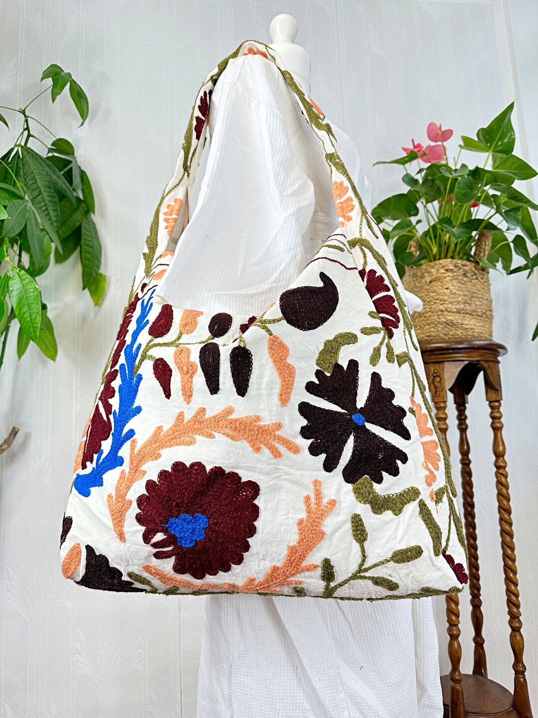 Suzani Cotton Wool Hand Embroidered Oversize Hobo Tote Artisanal ...