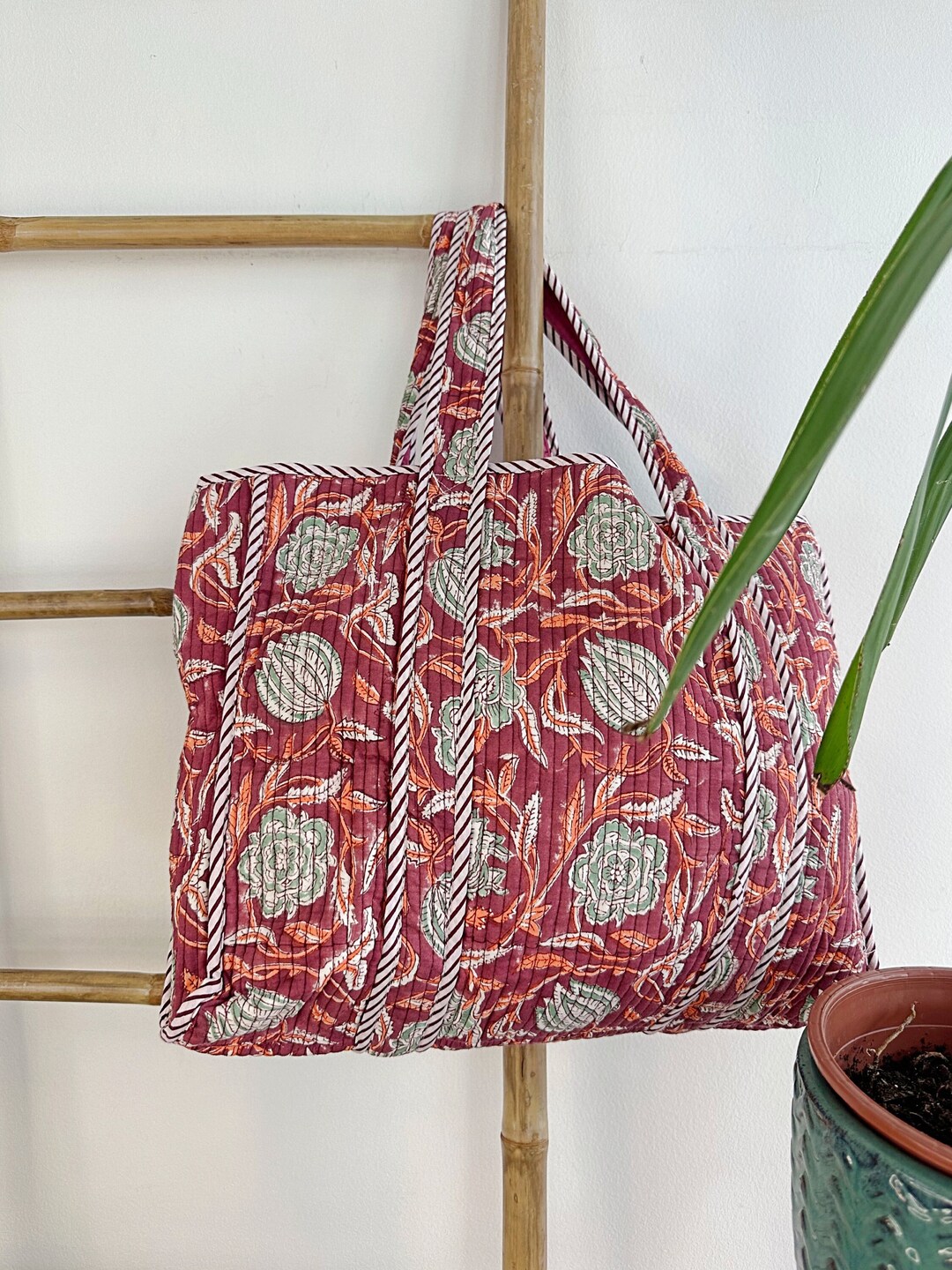 Quilted Cotton Handprint Maroon Hue Reversible Large Tote Bag Eco ...