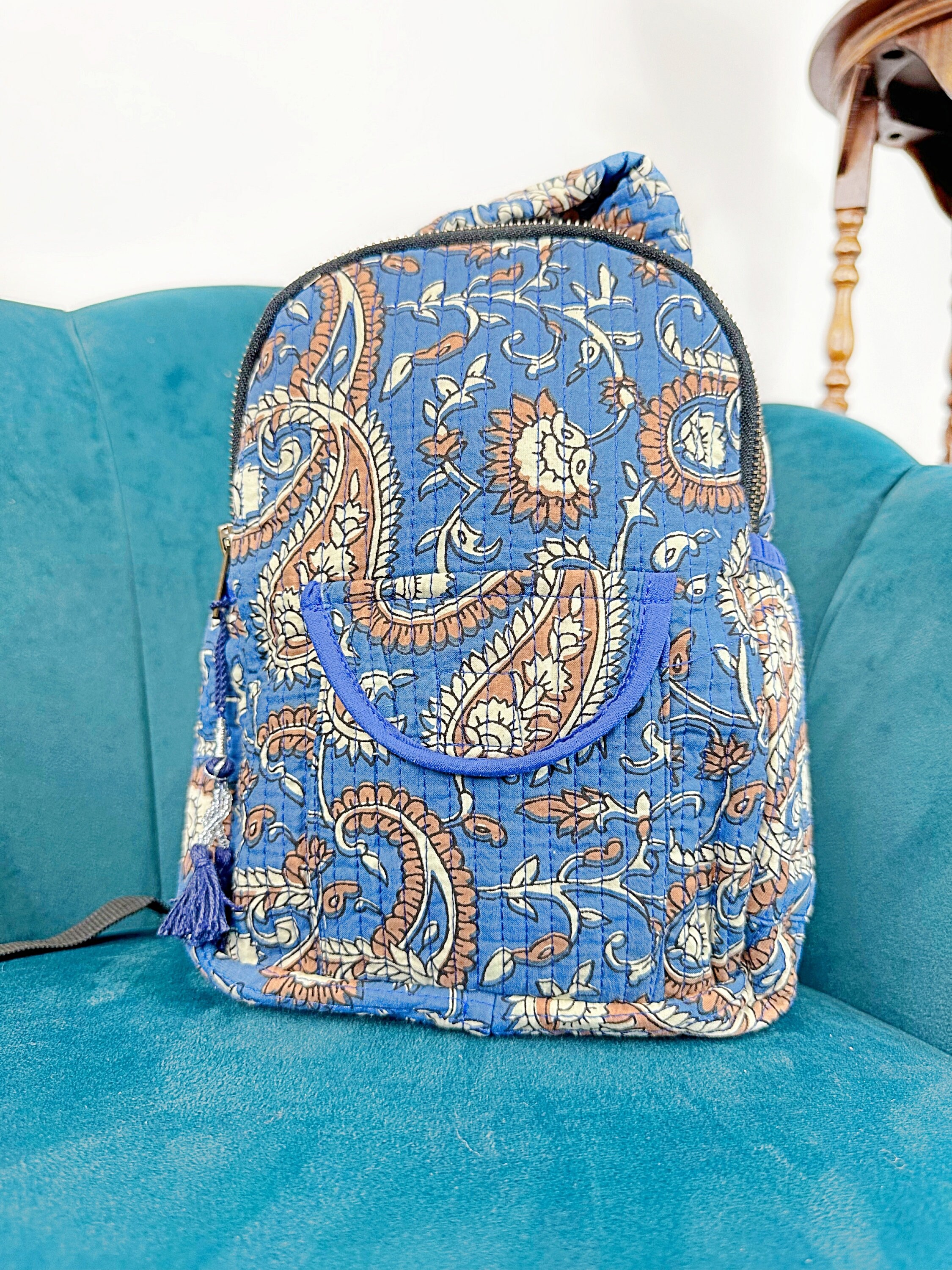 Quilted Cotton Handprint Mini Cute Blue Paisley Backpack Sustainable ...