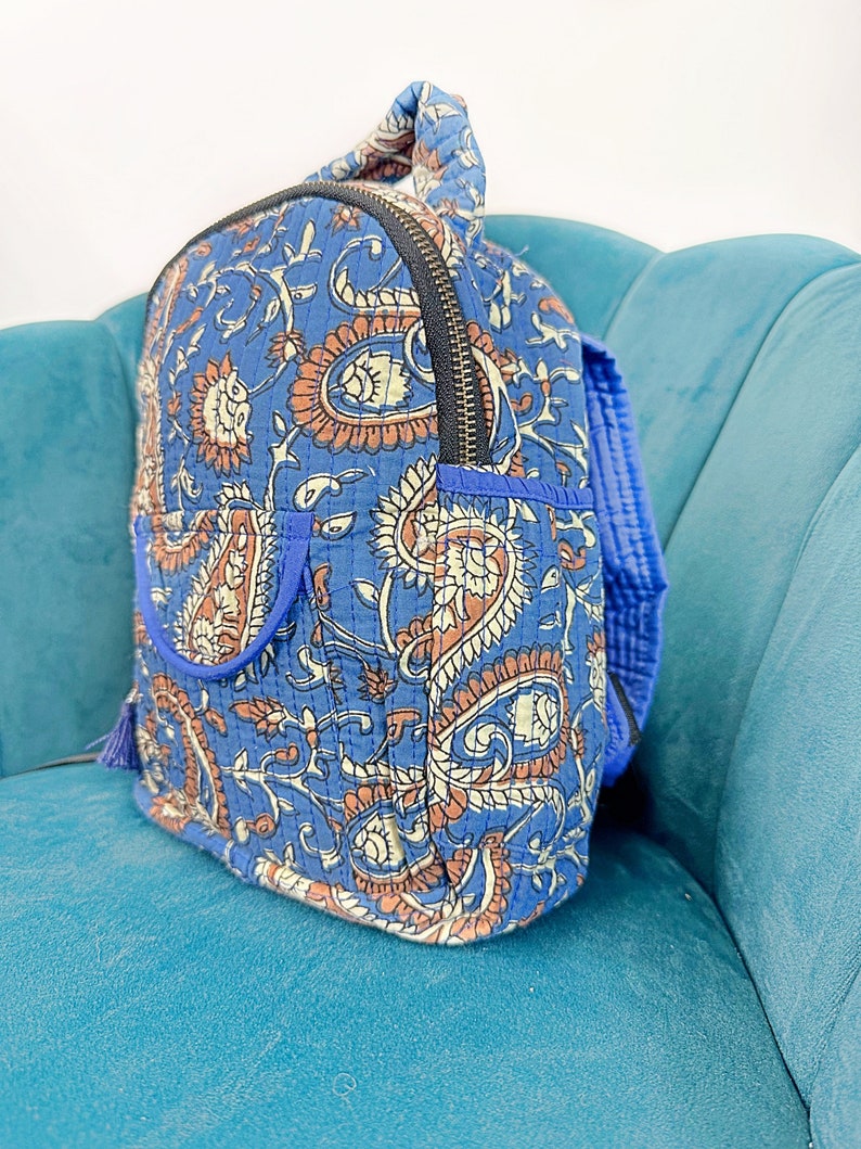Quilted Cotton Handprint Mini Cute Blue Paisley Backpack Sustainable ...