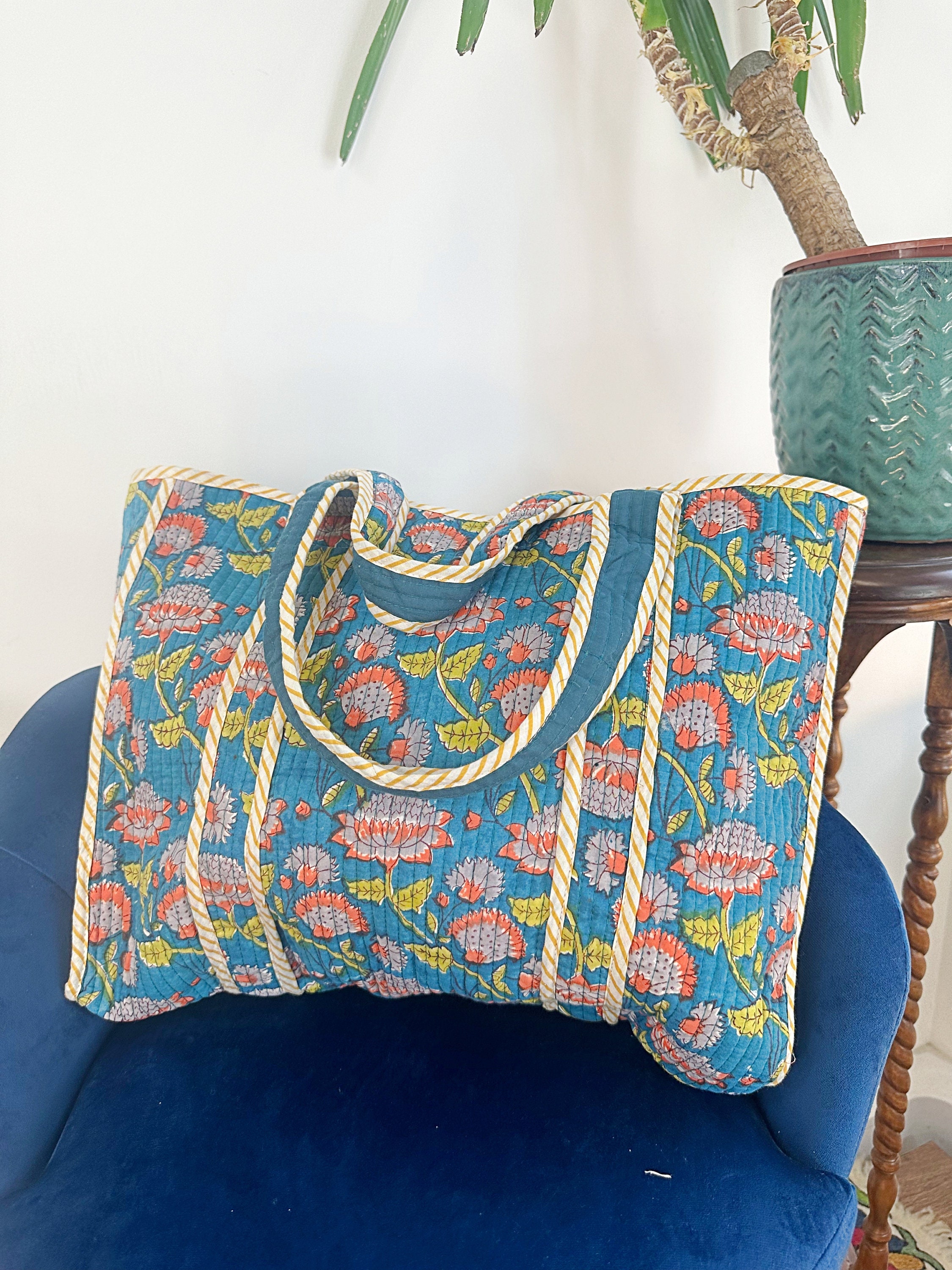 Quilted Cotton Handprint Reversible Large Ink Teal Orange - Etsy