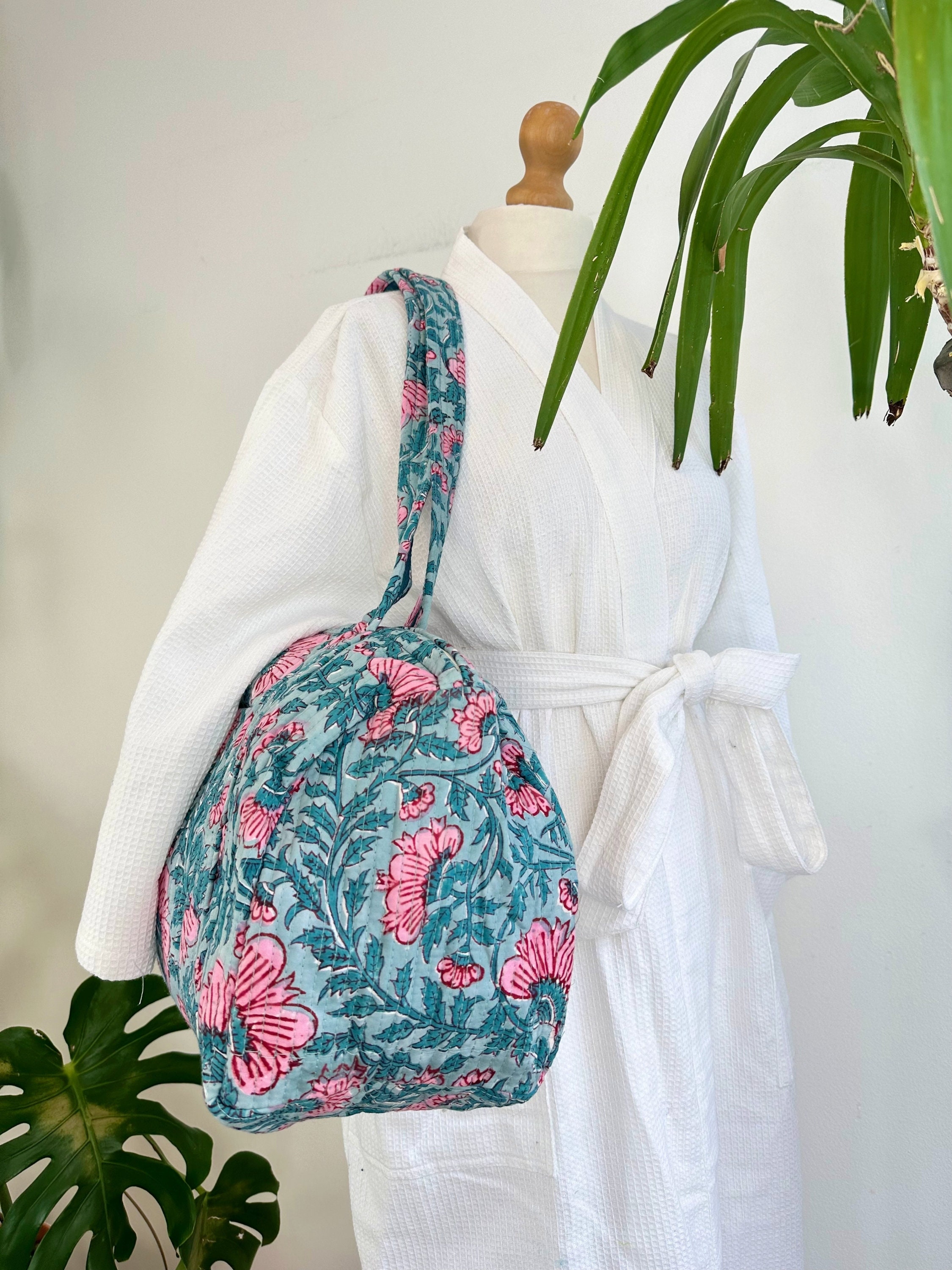 Quilted Duffle Tote Shoulder Pale Blue Pink Bag Cotton Handprint Lotus ...