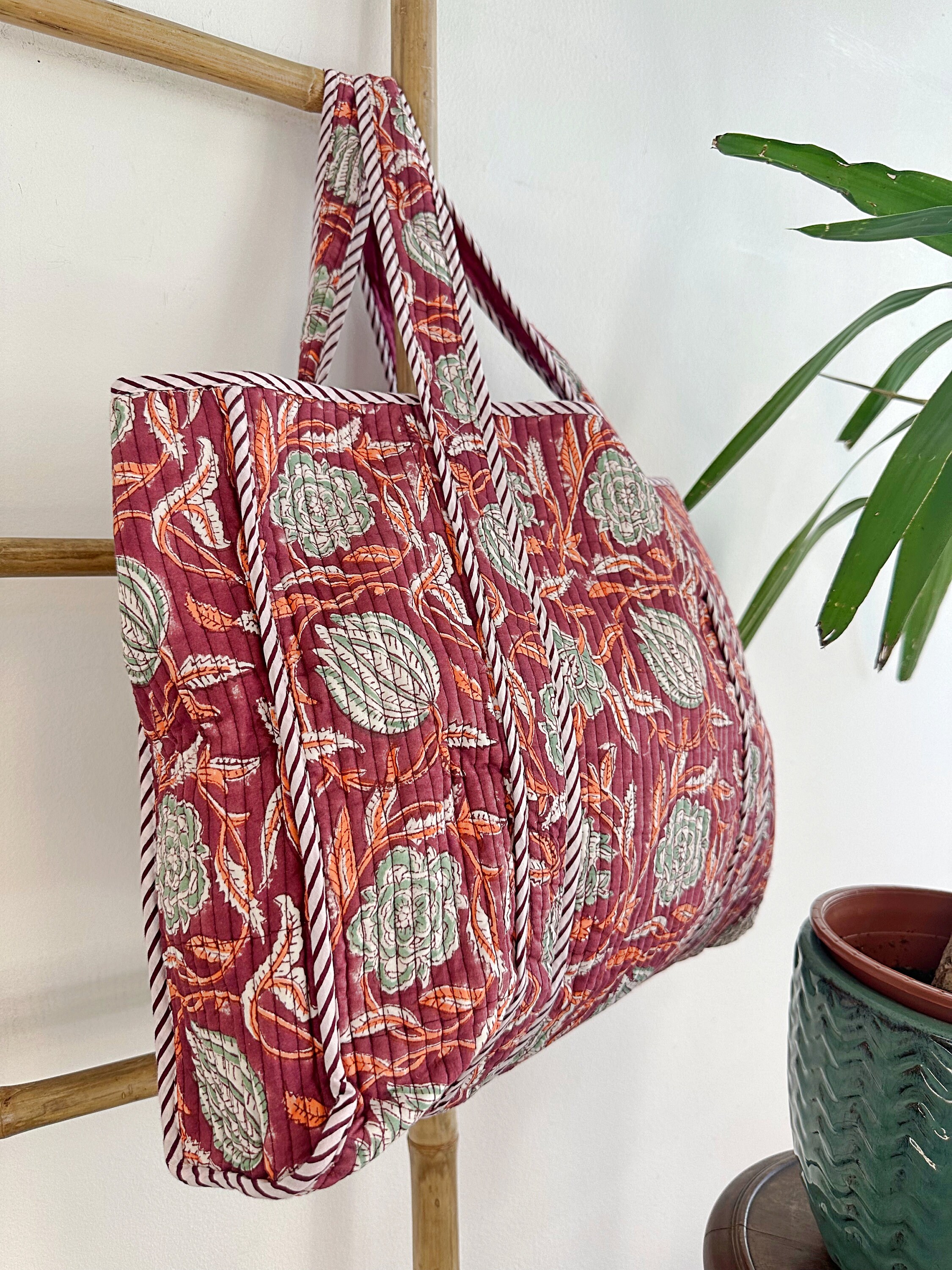 Quilted Cotton Handprint Maroon Hue Reversible Large Tote Bag Eco ...