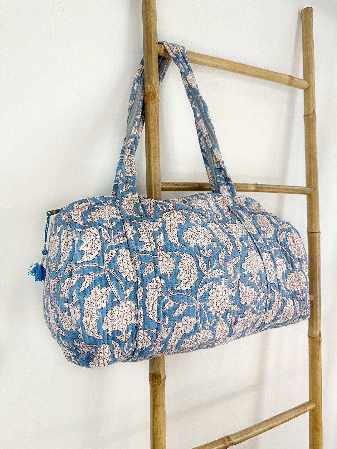 Quilted Duffle Tote Shoulder Blue Bag Cotton Handprint Floral Gingko ...