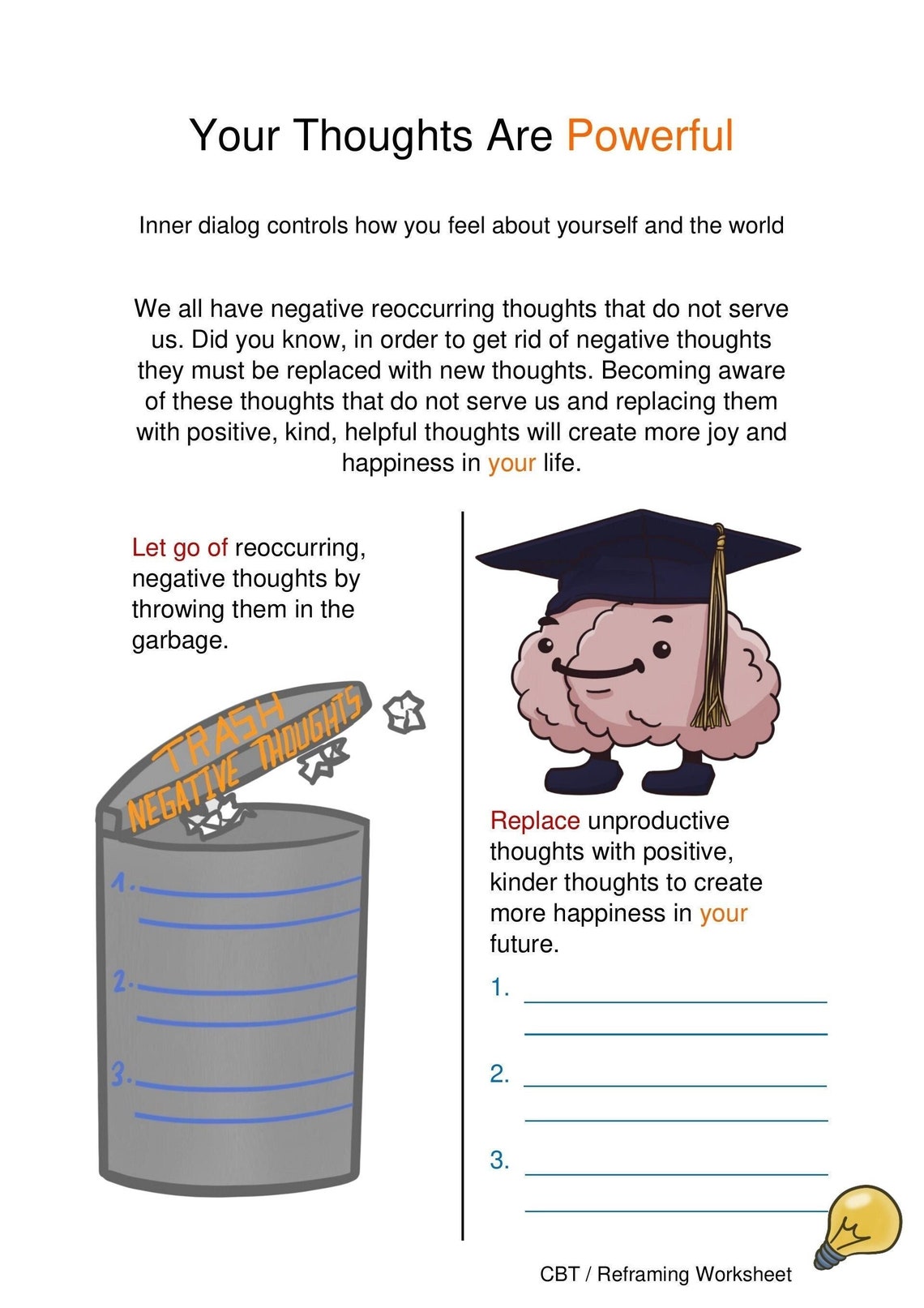 Cbt/reframing Therapy Worksheet, Replace Negative Thoughts, Individual ...