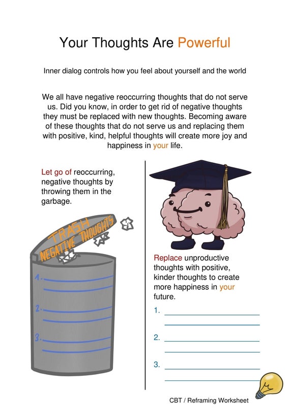 Cbt/reframing Therapy Worksheet Replace Negative Thoughts | Etsy