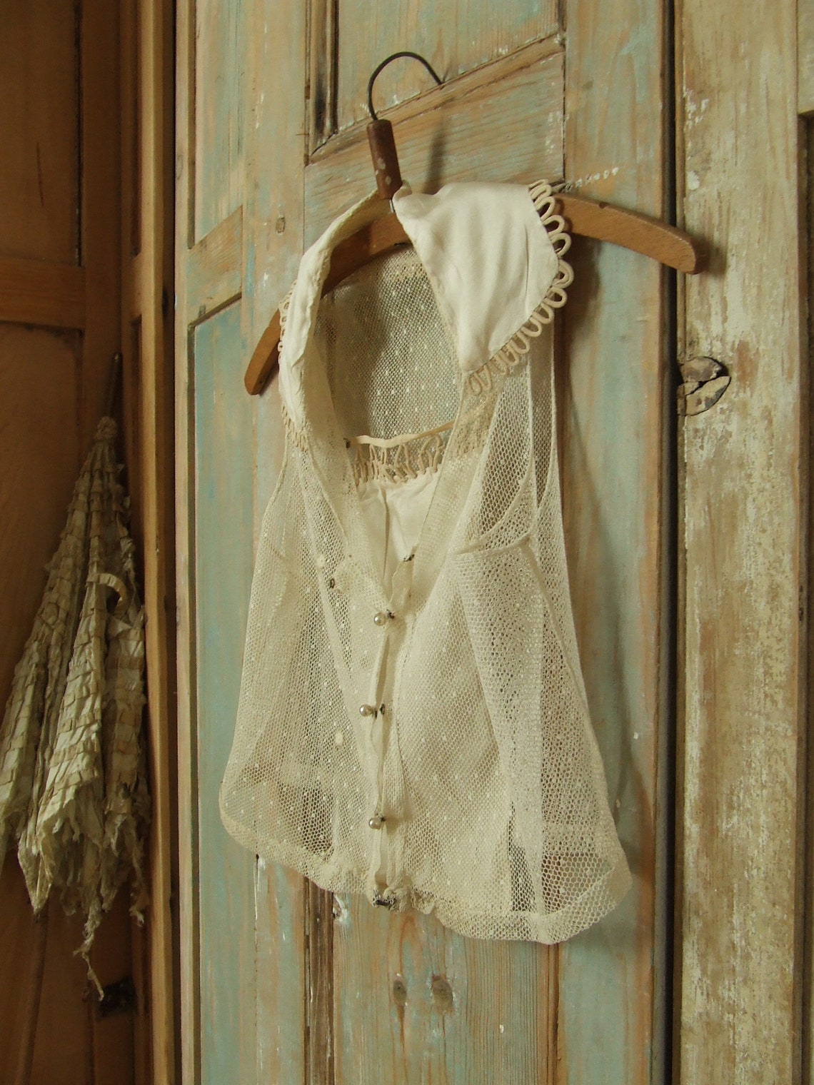 Antique Edwardian Dotted Lace and Silk Sleeveless Blouse, Dickey With ...