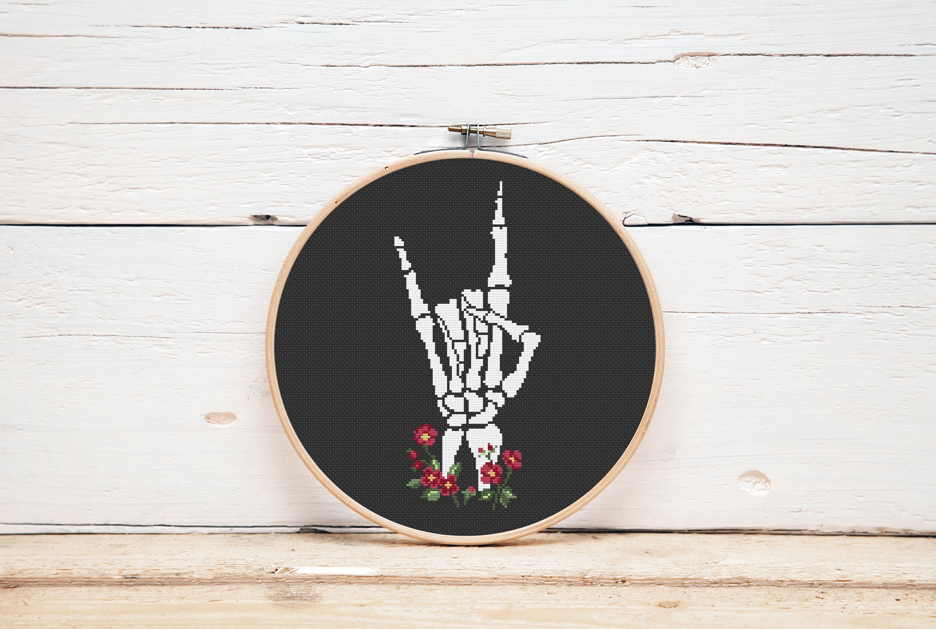 Rock Skeleton Hand Cross Stitch Pattern, Modern Cross Stitch Pattern ...