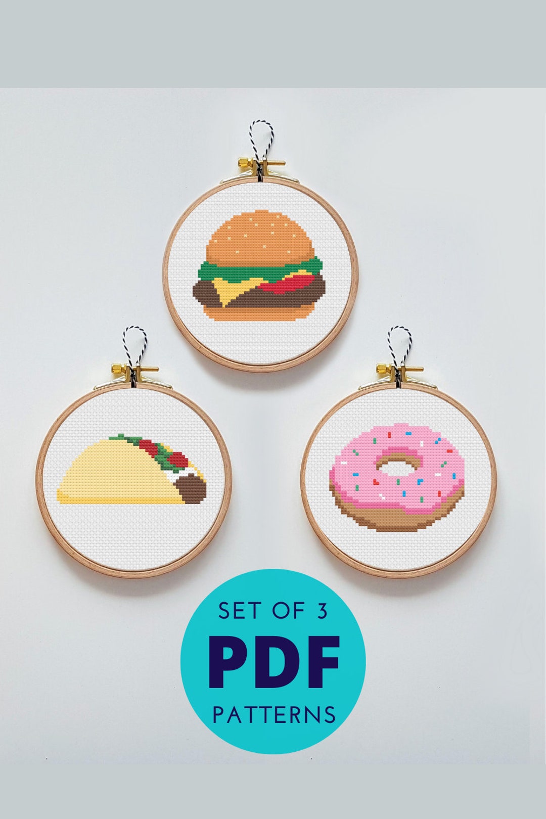 MINI FAST FOOD Cross Stitch Patterns, Set of 3, Modern Cross Stitch ...