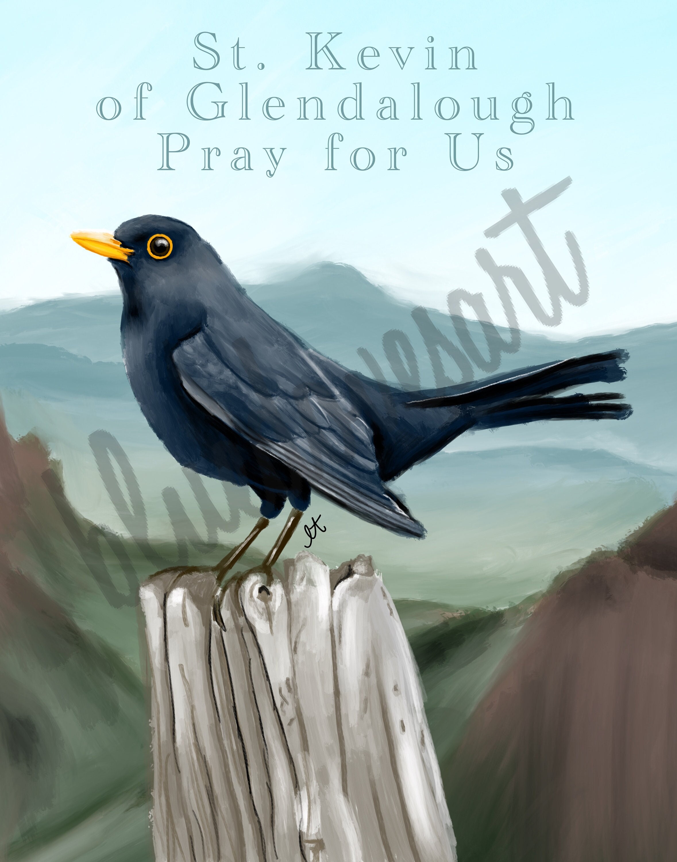 St. Kevin Blackbird Painting, Digital Art, Digital Download, Irish ...