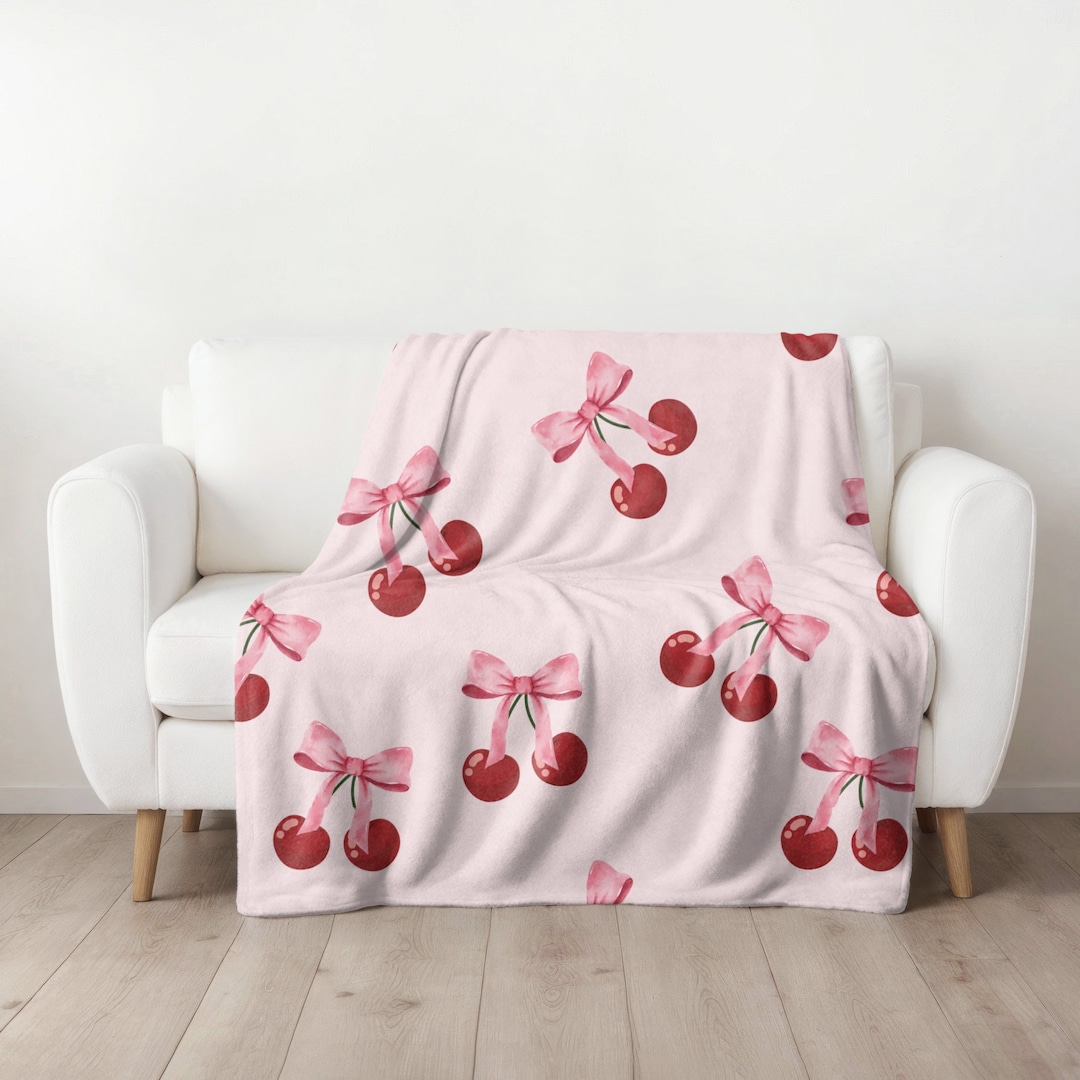 Cherry Pink Bow Blanket, Coquette Throw Blanket, Minky Plush Blanket ...