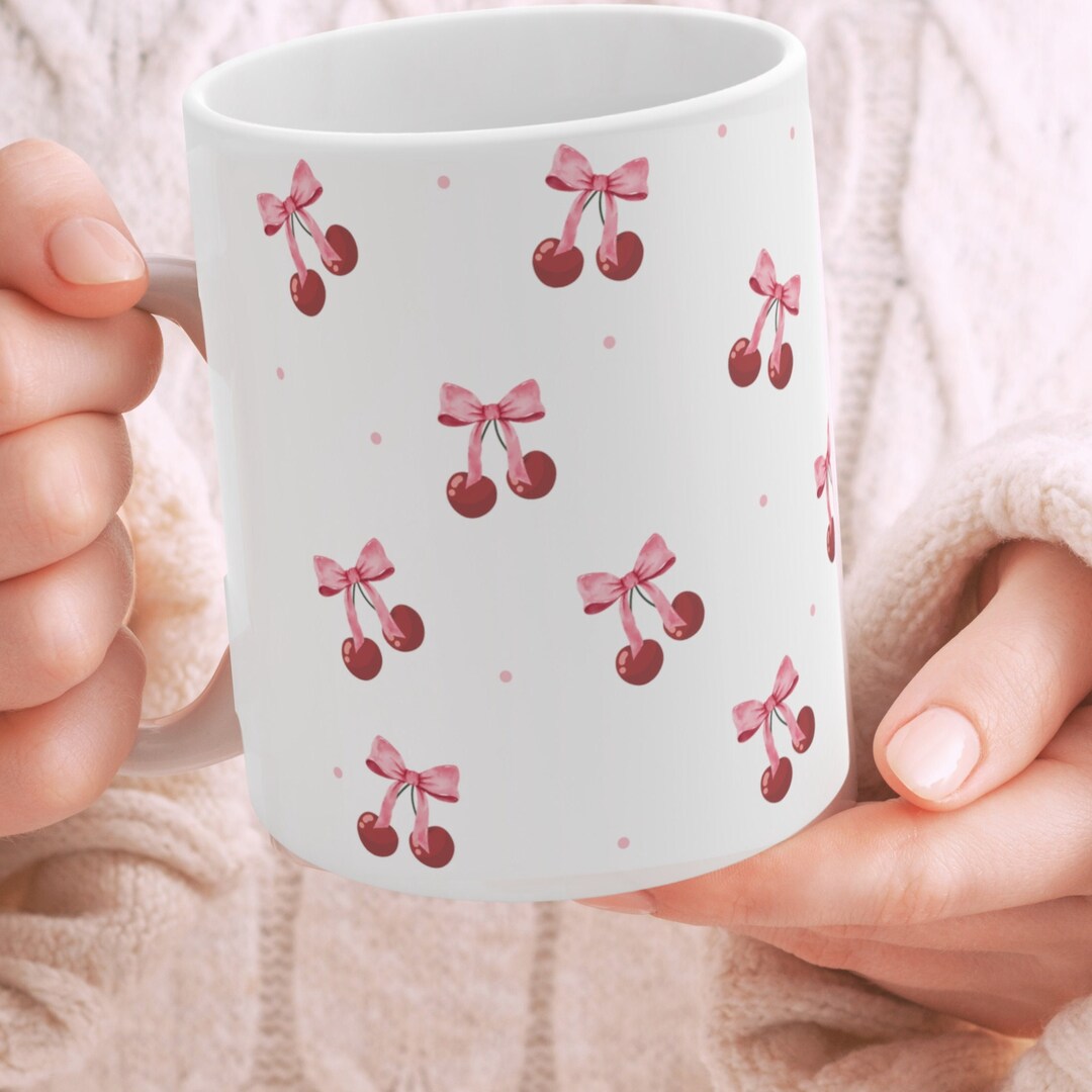 Cute Cherry Pink Bow Mug | Coquette Coffee Mug | Red and Pink Decor ...