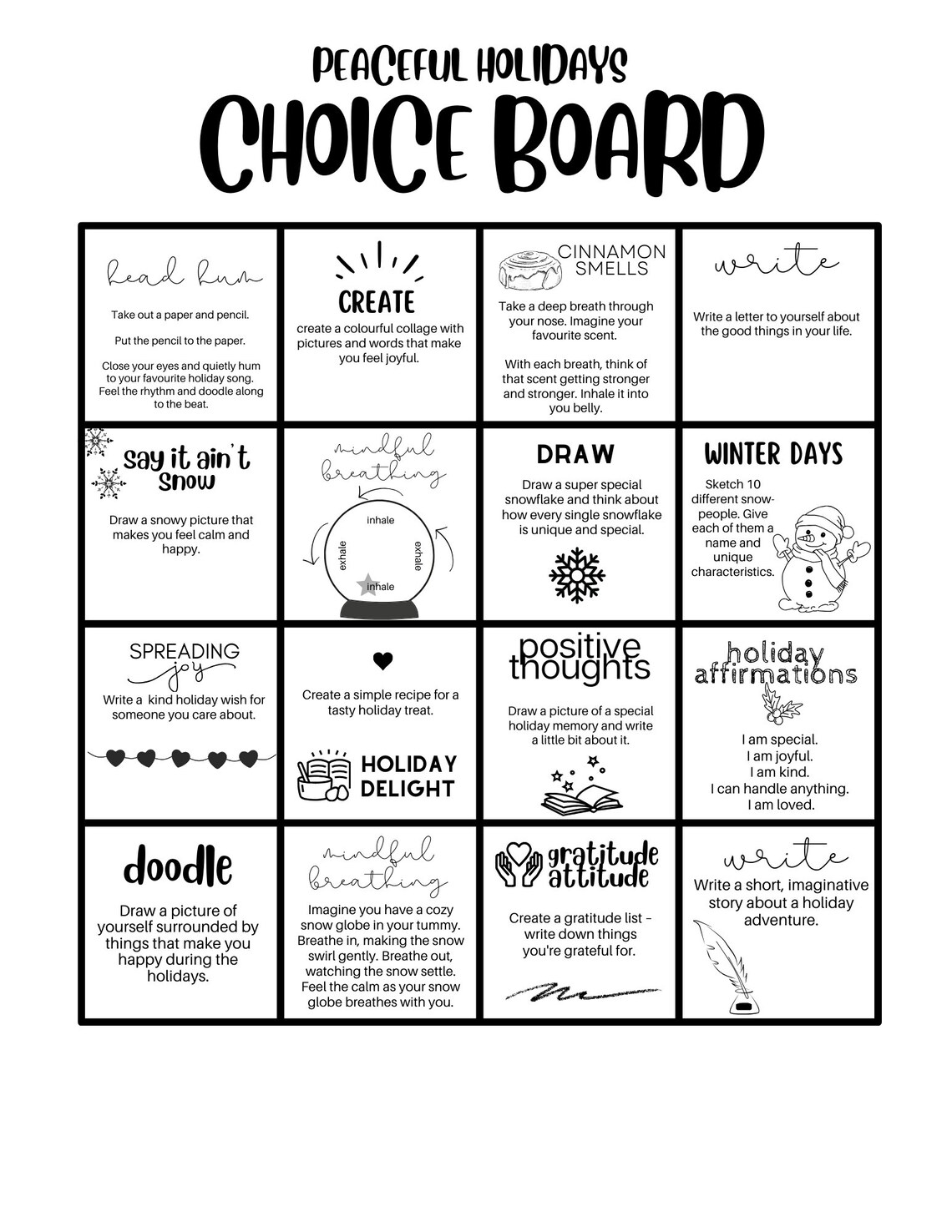 Mindful Holiday Choice Boards Students & Youth Classroom Activity - Etsy