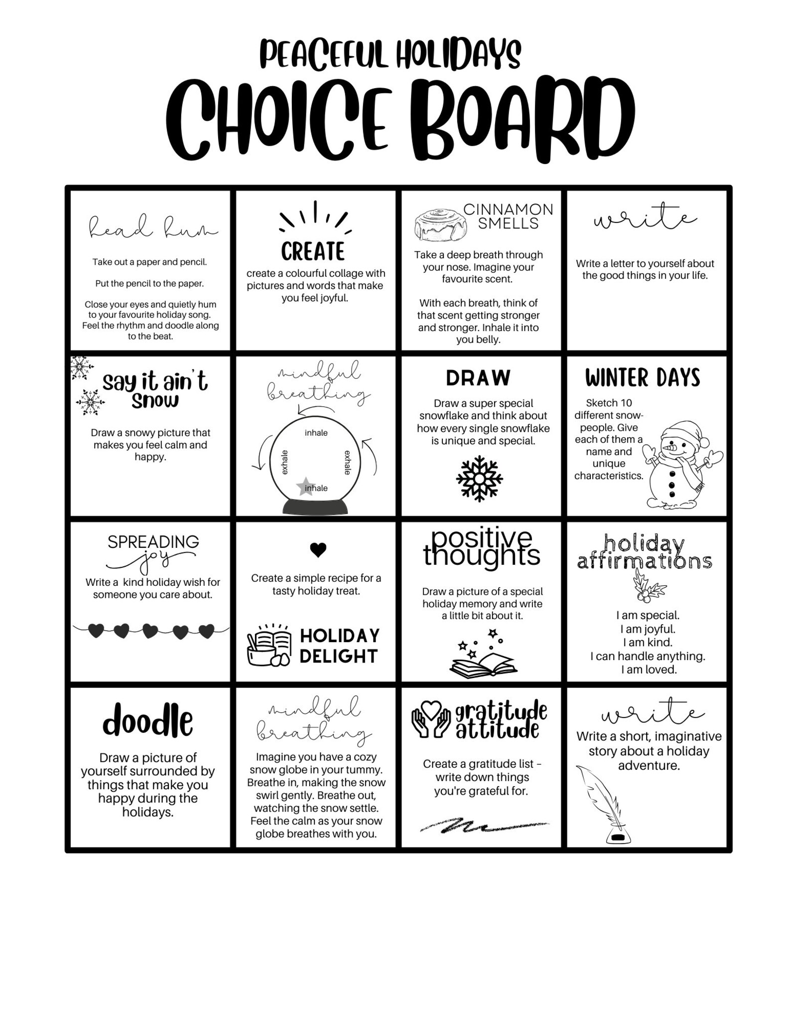 Mindful Holiday Choice Boards - Students & Youth | Classroom Activity ...