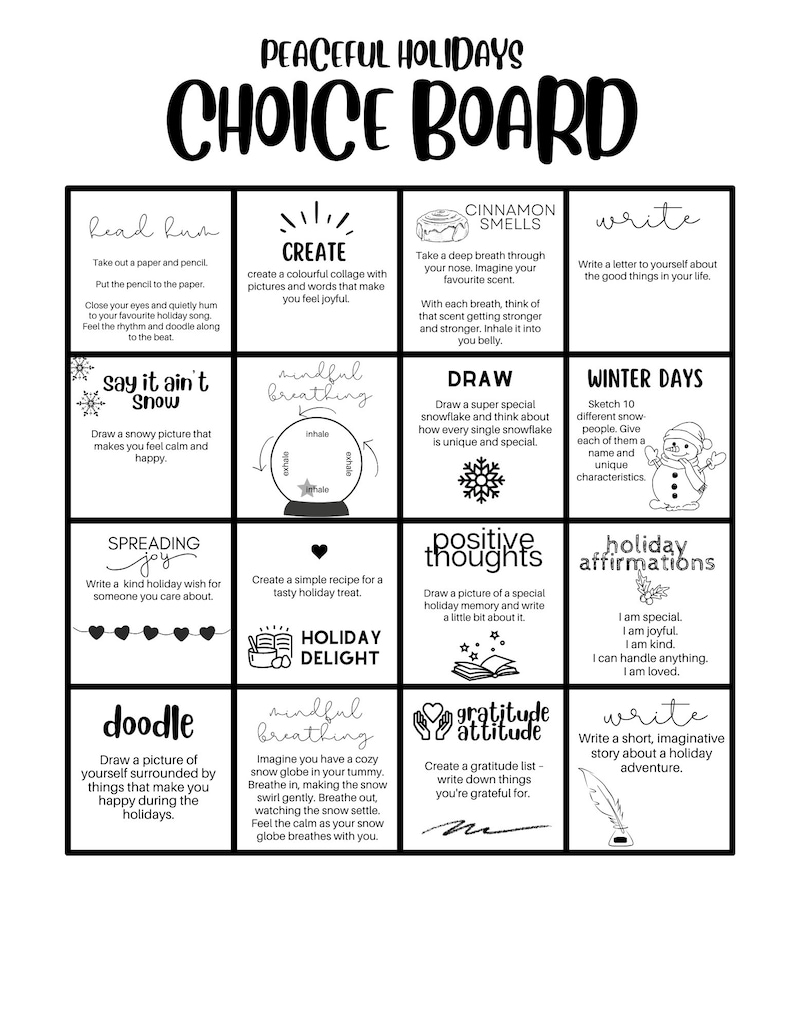 Mindful Holiday Choice Boards - Students & Youth | Classroom Activity ...