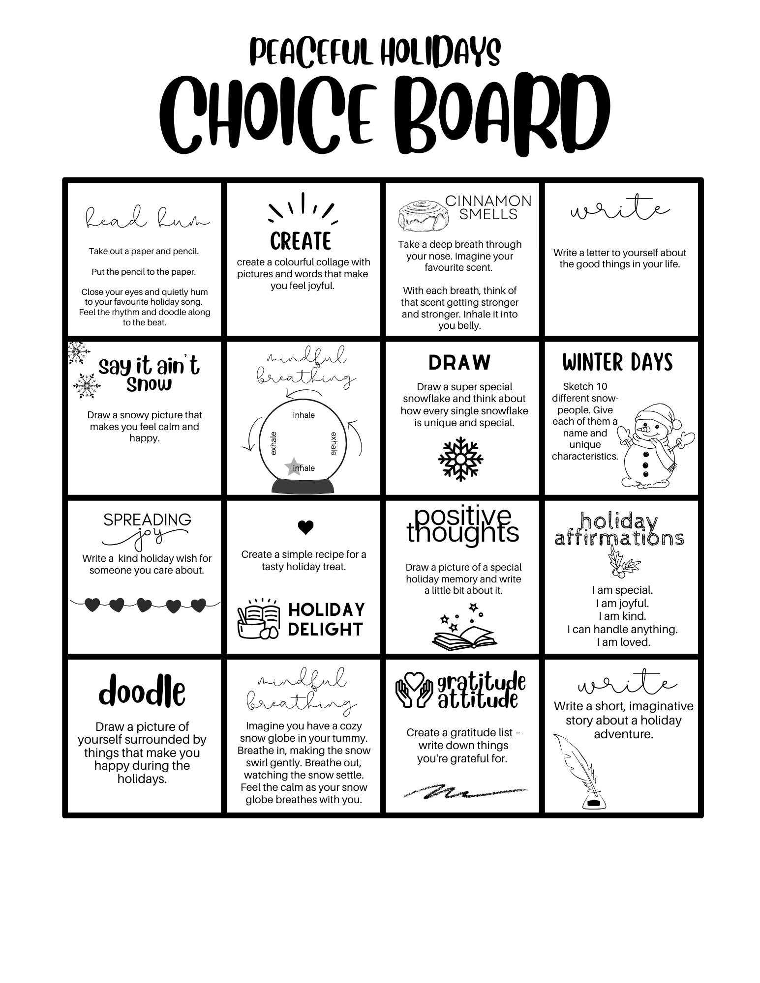 Mindful Holiday Choice Boards - Students & Youth | Classroom Activity ...