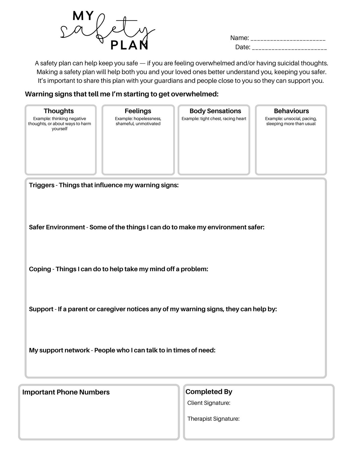 Crisis Safety Plan one Pager Mental Health Worksheet Suicidal Thoughts ...